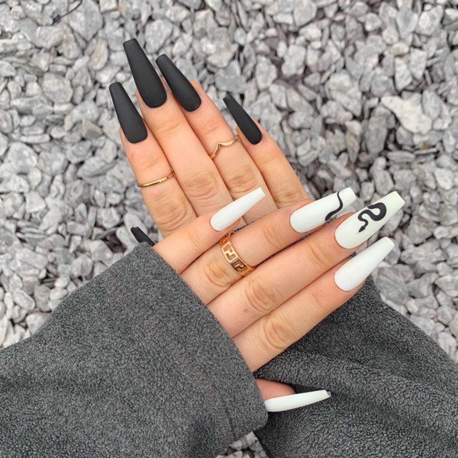 Edgy Black & White Snake Press on Nails | Hand Painted Reusable Gel ...