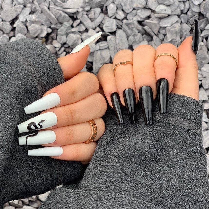 Edgy Black & White Snake Press on Nails | Hand Painted Reusable Gel ...