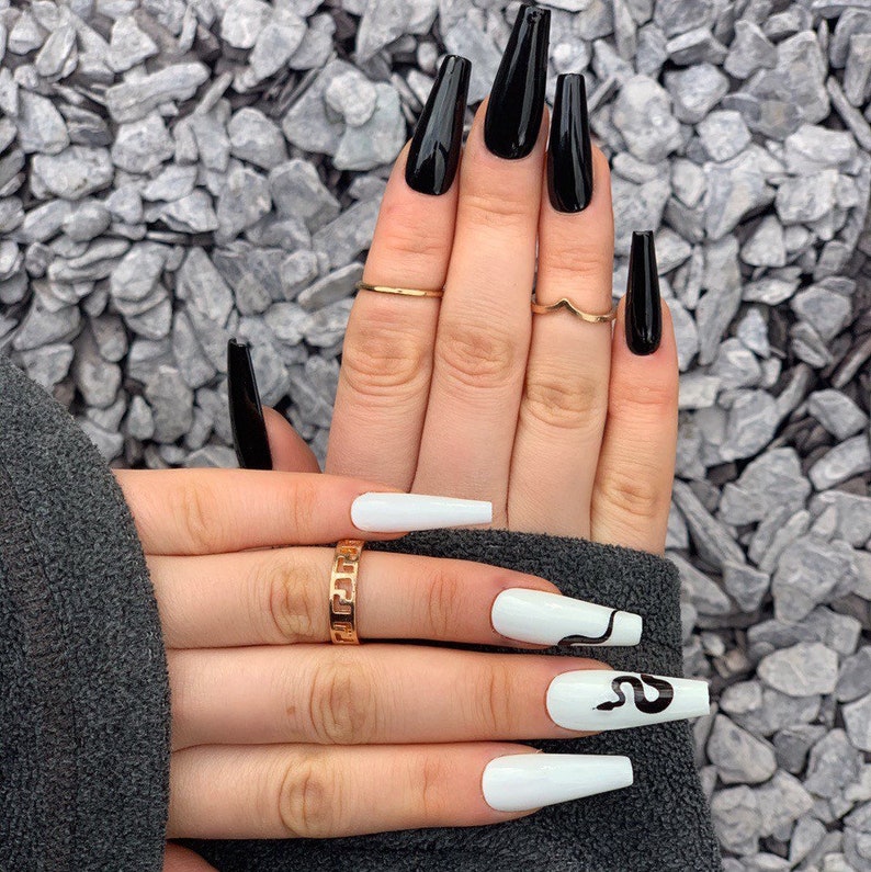 Edgy Black & White Snake Press on Nails | Hand Painted Reusable Gel ...