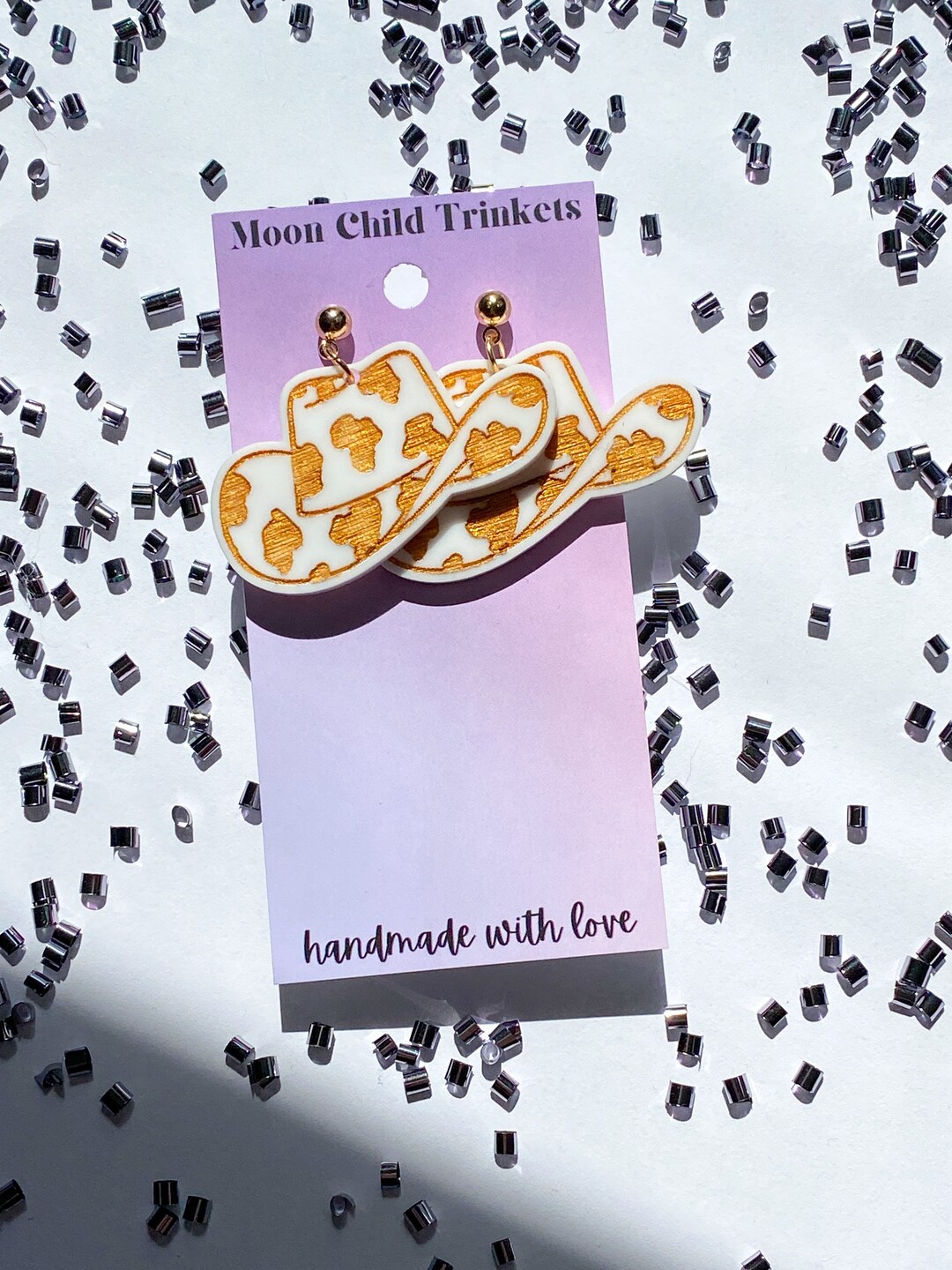 Gold Cow Print Cowboy Hat Hand Painted Acrylic Earrings, Hypoallergenic ...