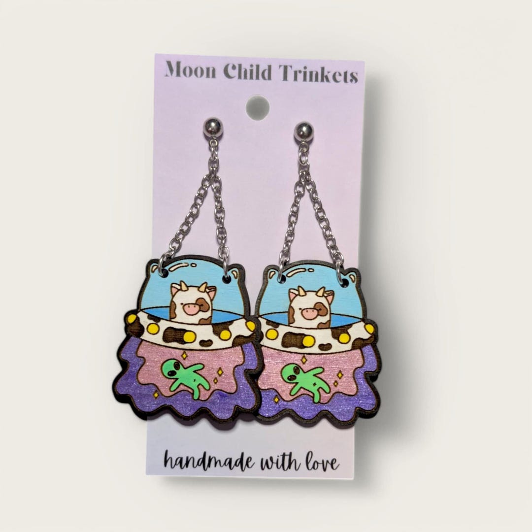 UFO Cow Alien Abduction, Hand Painted Wood Dangle Earrings, Unique ...