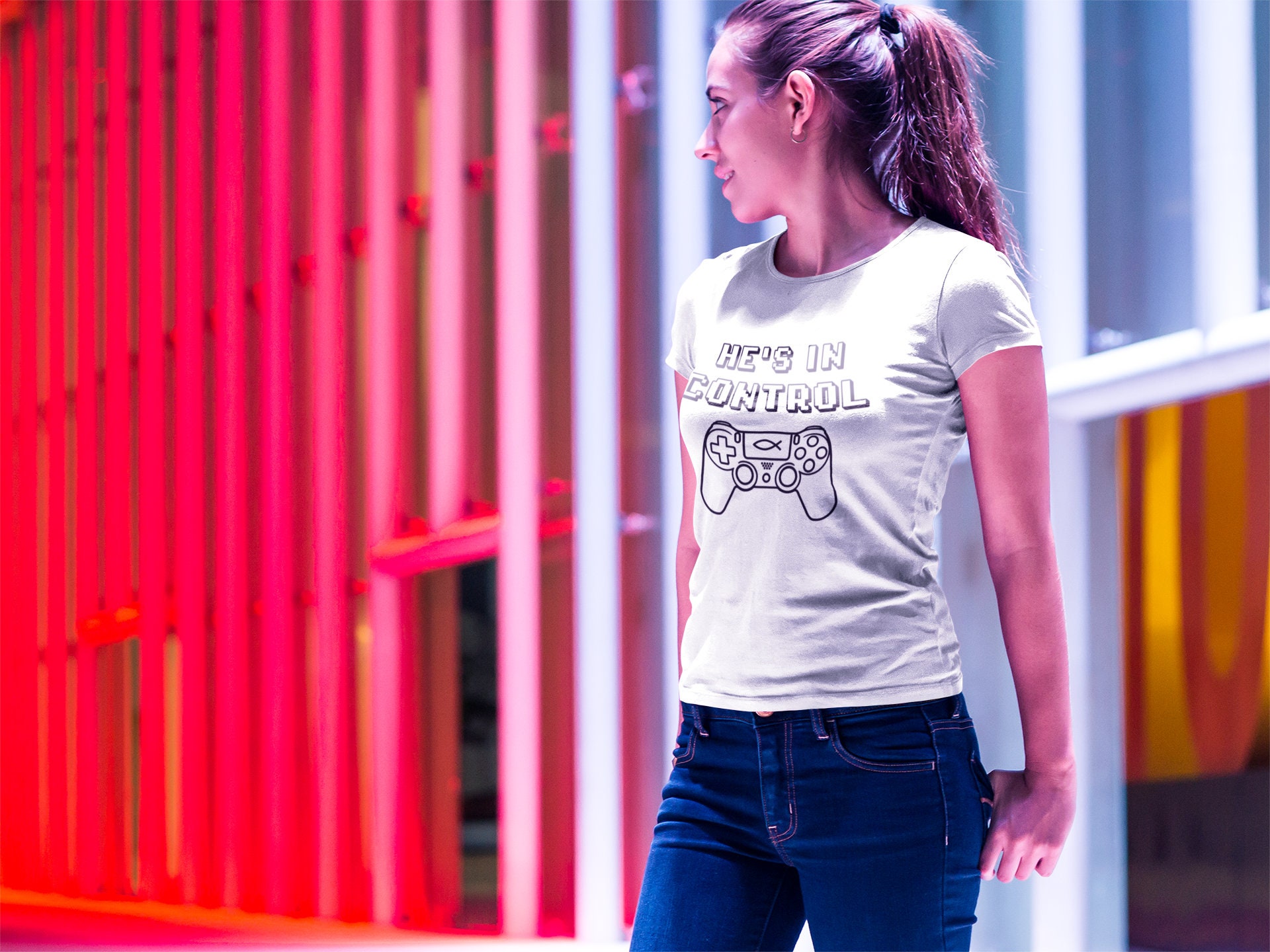 Christian Retro Gaming Shirt he's in Control / Christian Gaming Gift ...