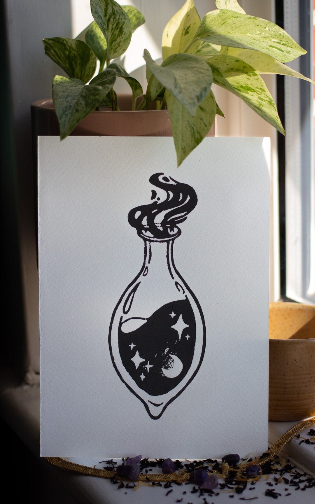 Potion Bottle midnight Lino Cut Block Print in Black - Etsy