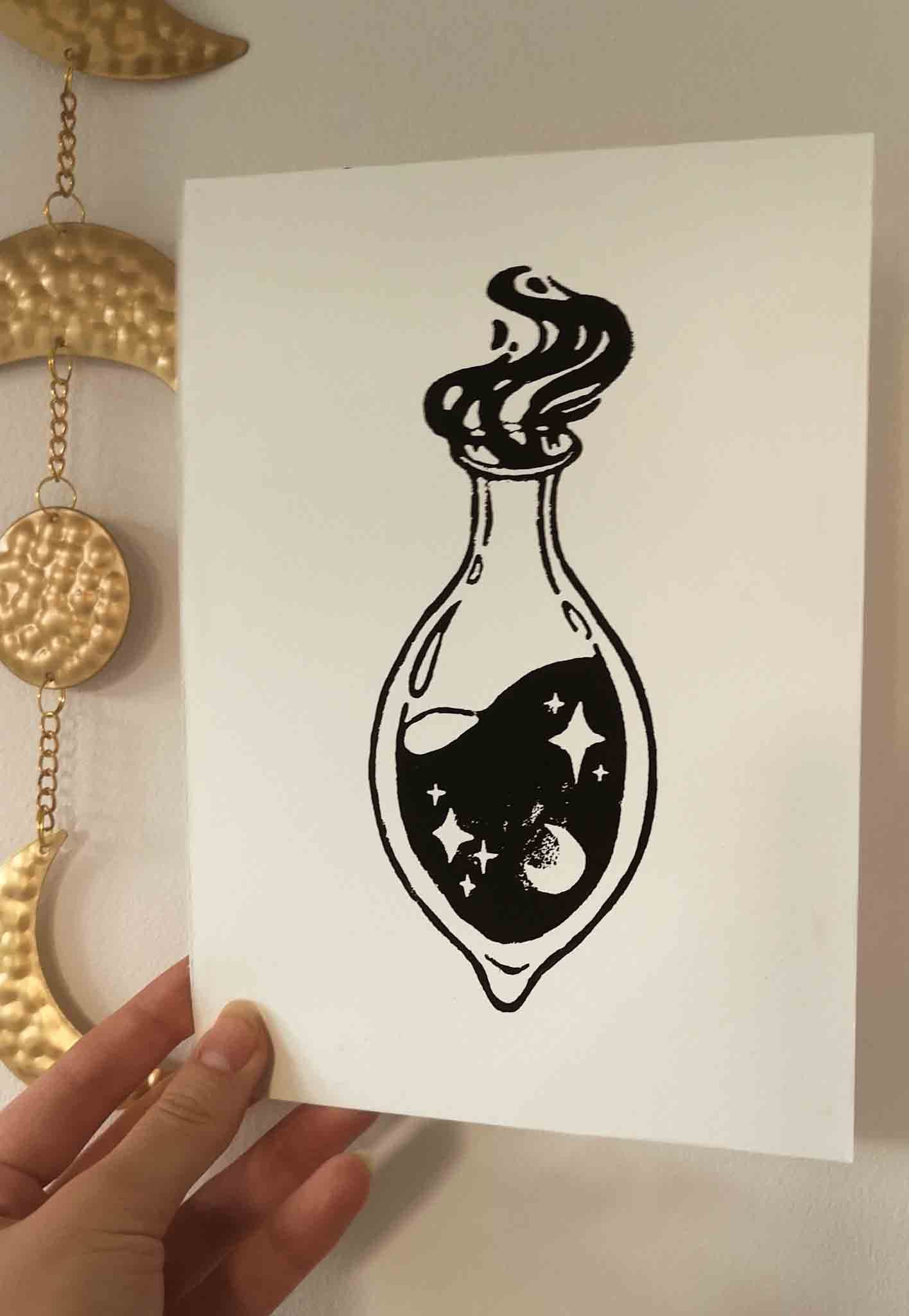 Potion Bottle midnight Lino Cut Block Print in Black - Etsy