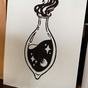 Potion Bottle midnight Lino Cut Block Print in Black - Etsy