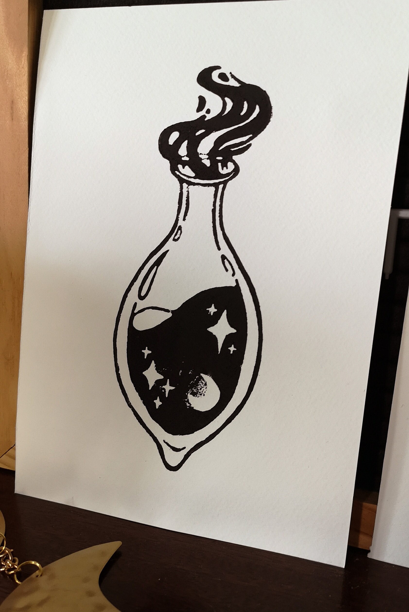 Potion Bottle midnight Lino Cut Block Print in Black - Etsy