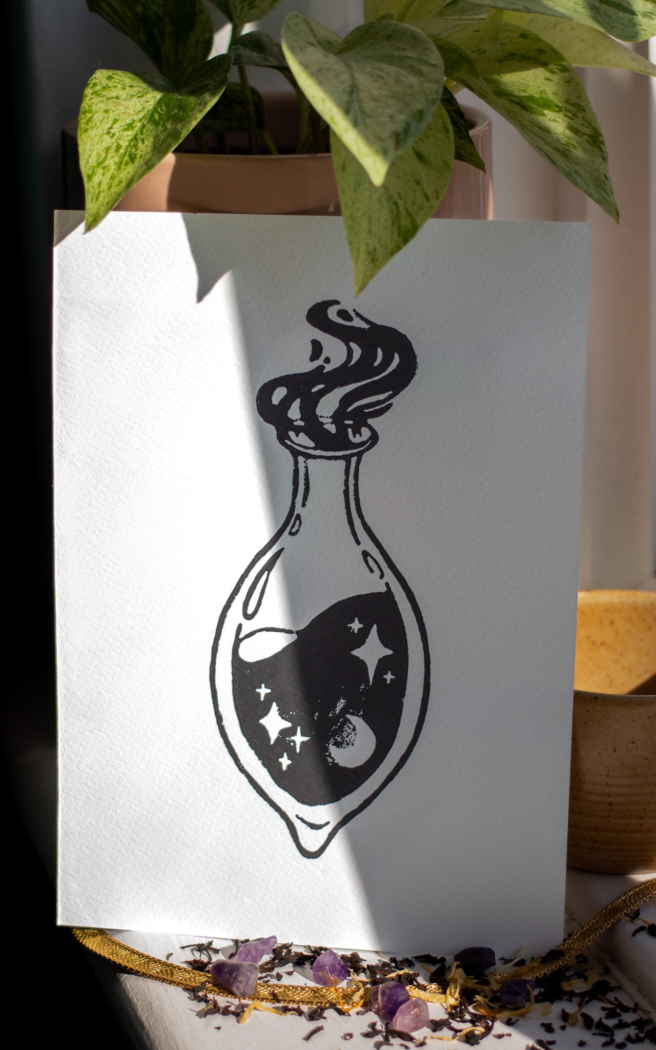 Potion Bottle midnight Lino Cut Block Print in Black - Etsy