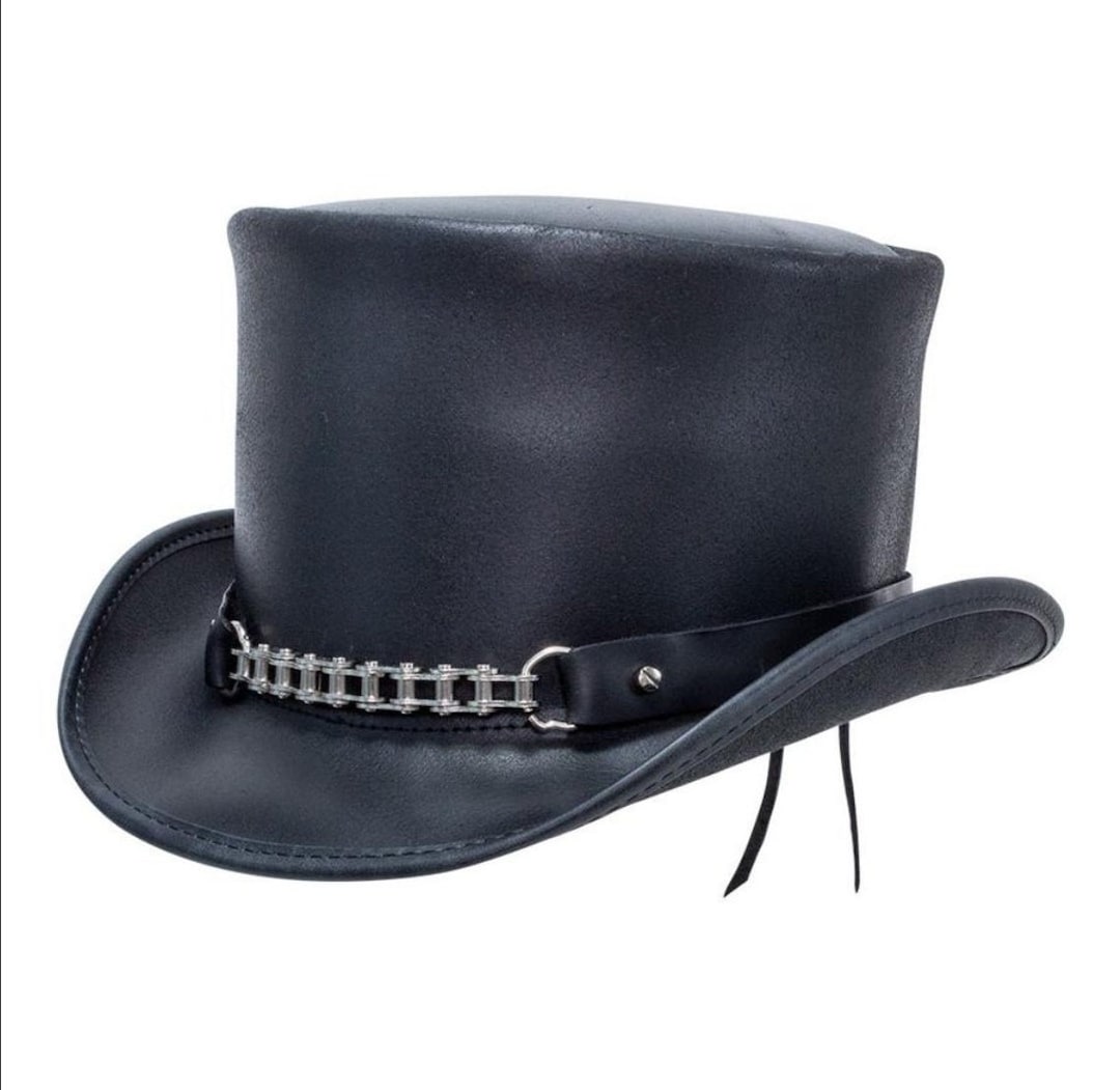 Top Hat Motorcycle Leather Chain Band Black Leather Biker Hat - Etsy