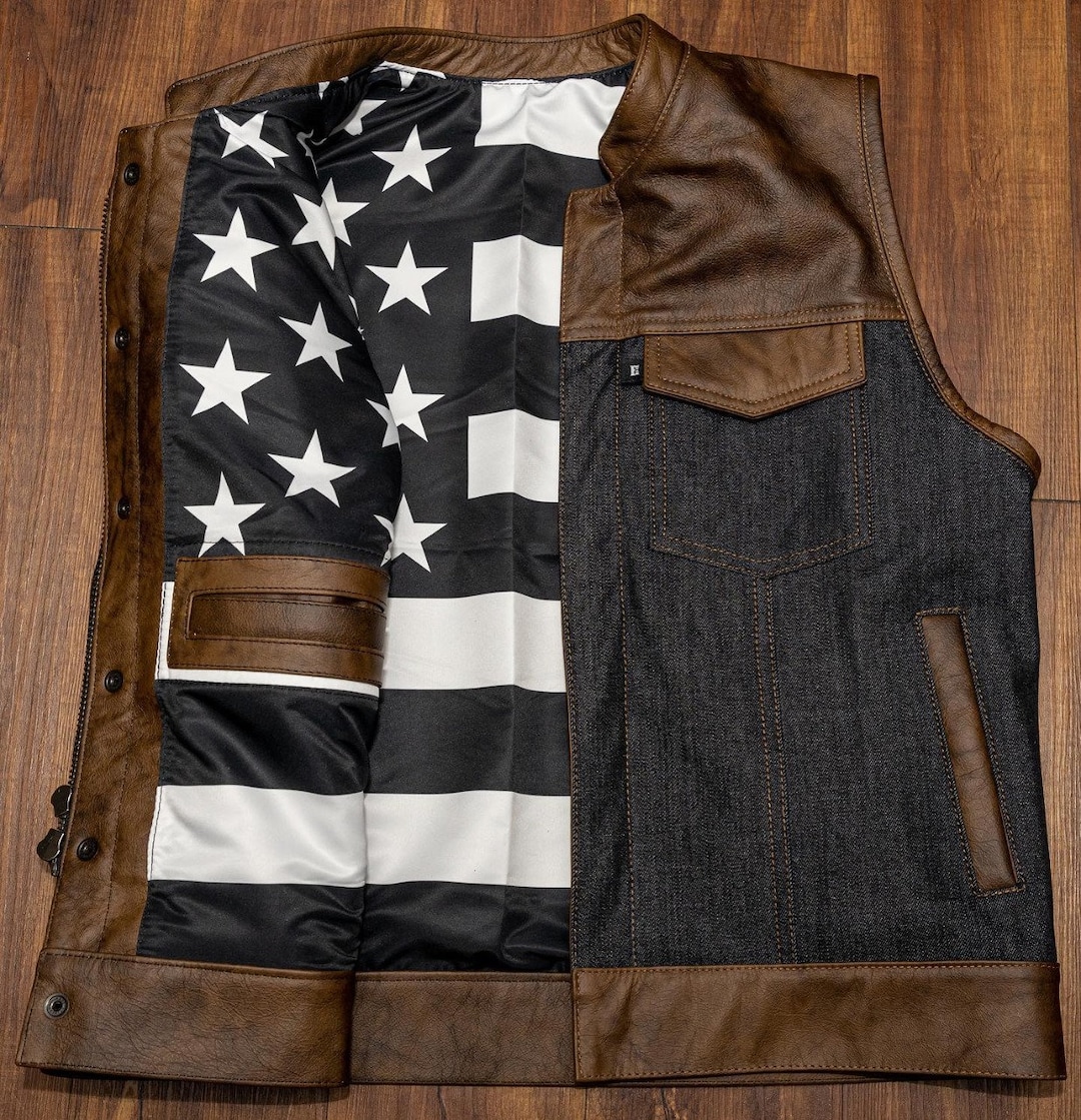 Leather Vest American Flag Distress Brown Classic Vest Denim - Etsy