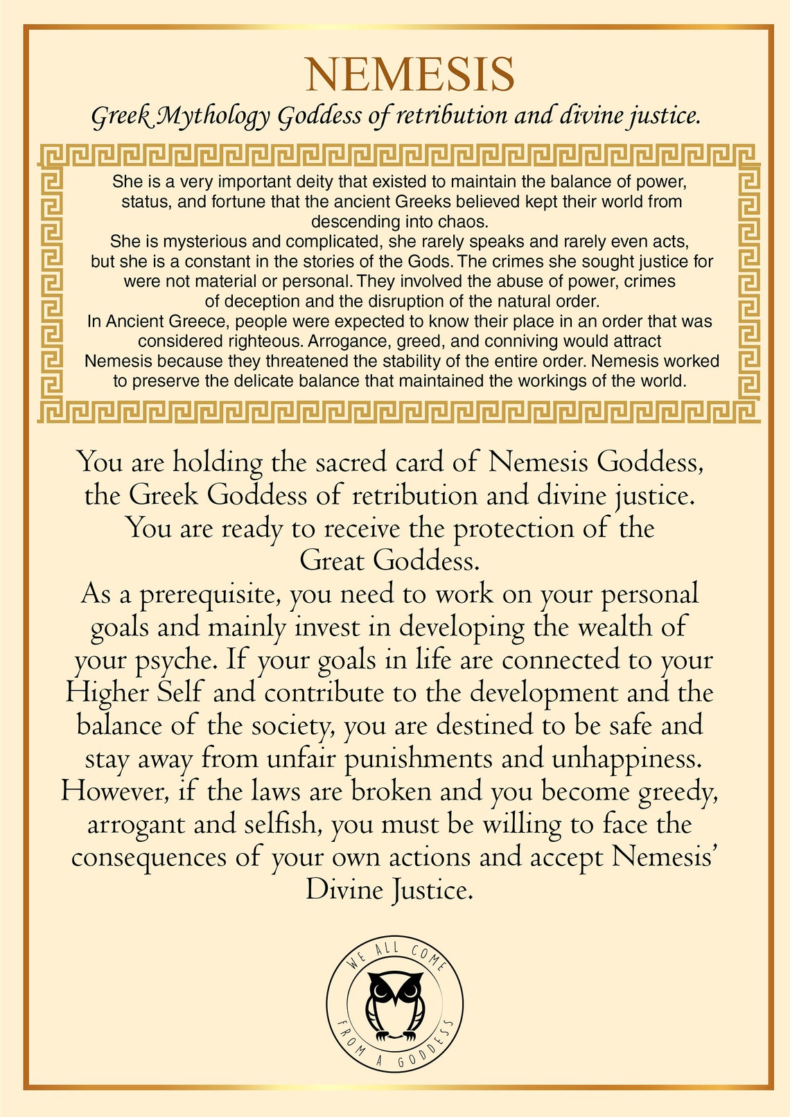 Nemesis Card/greek Goddess Nemesis Card/divine Justice | Etsy