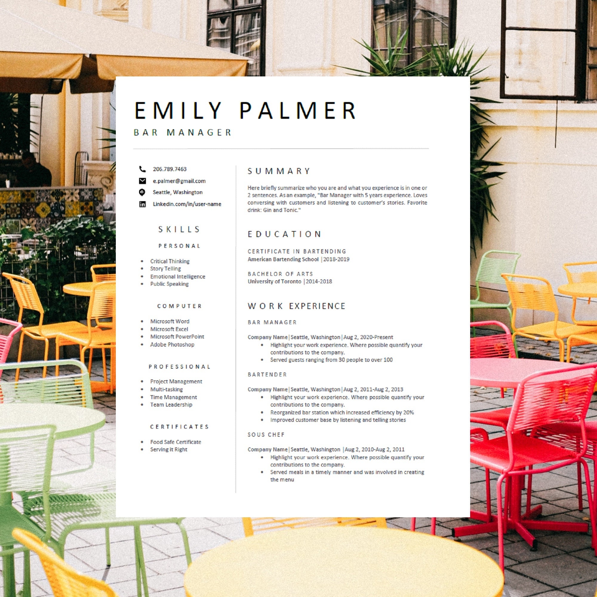 Professional Resume for Bar Manager, Bartender, Cook, Hostess, Flight ...