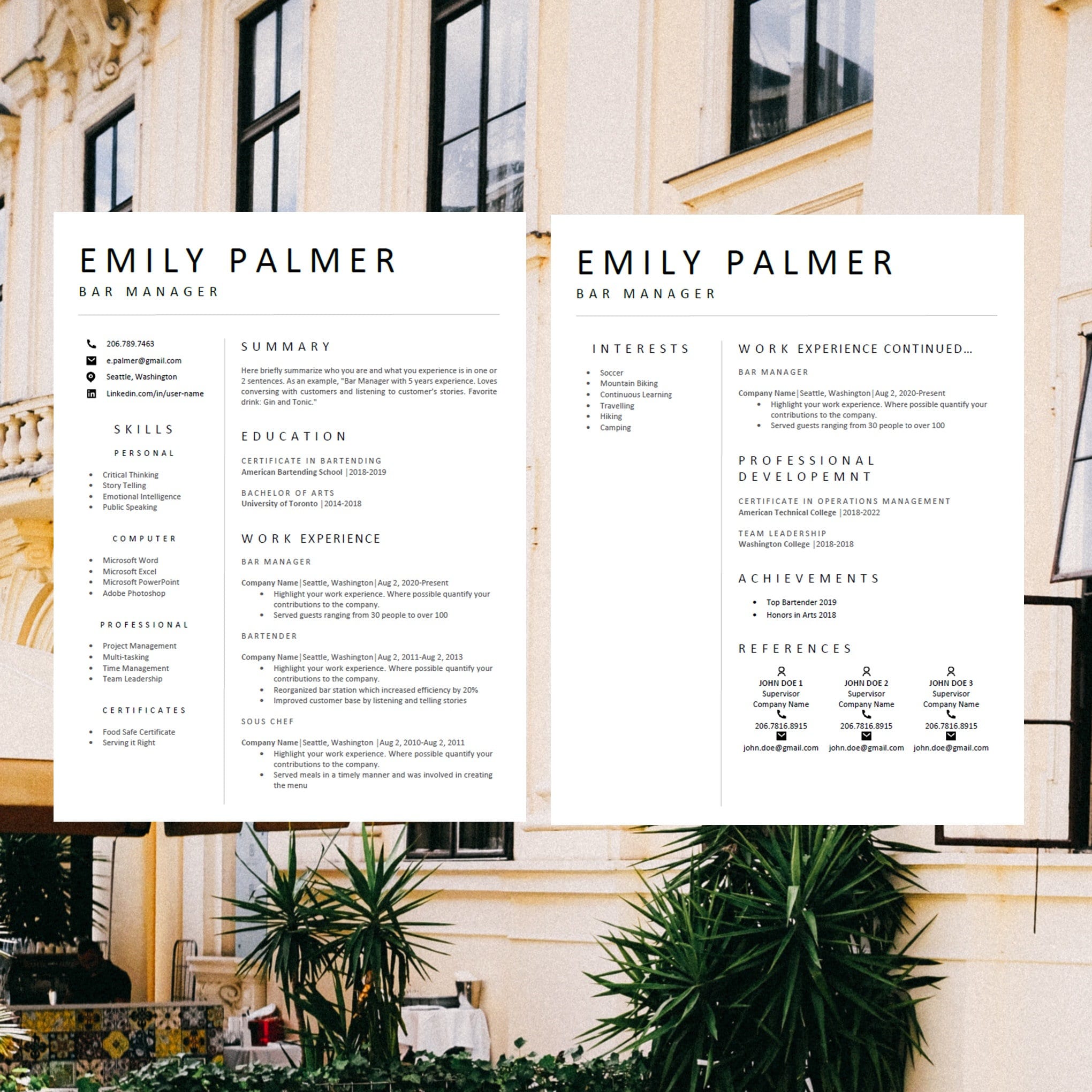 Professional Resume for Bar Manager, Bartender, Cook, Hostess, Flight ...