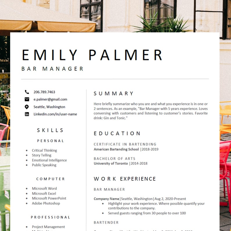 Professional Resume for Bar Manager, Bartender, Cook, Hostess, Flight ...