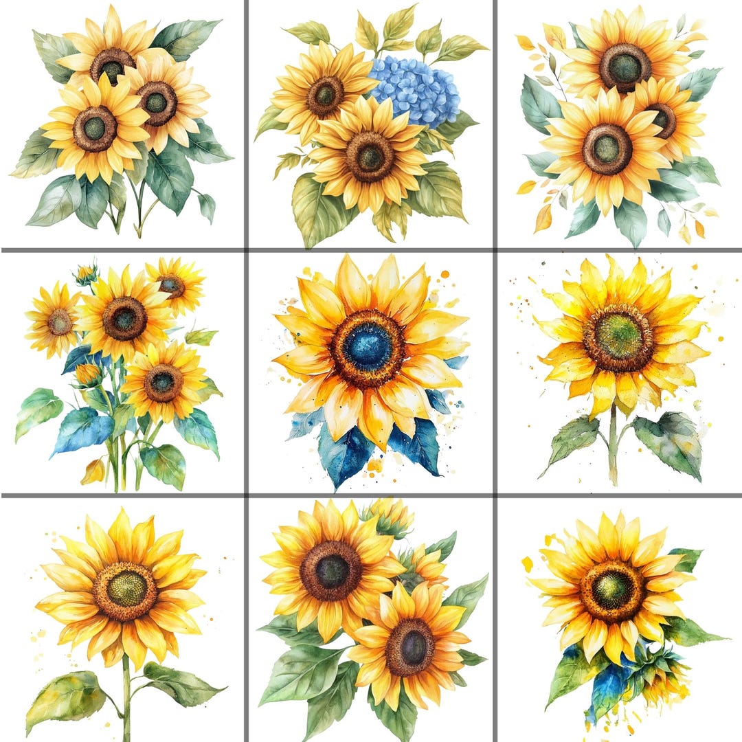 10 Sunflower Clipart L Sunflowers Print L Sunflower Art L Sunflower ...