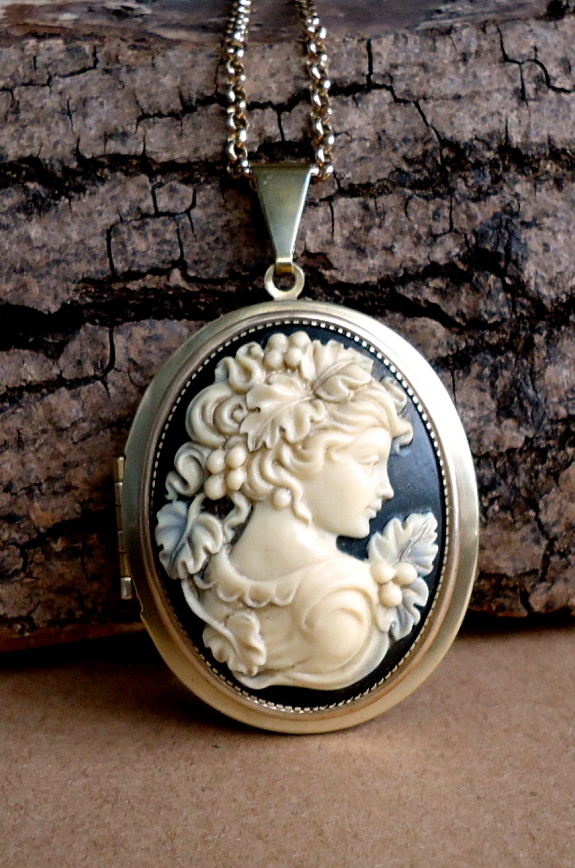 Large Oval Polished Brass Victorian Lady Cameo Locket on a Matching ...