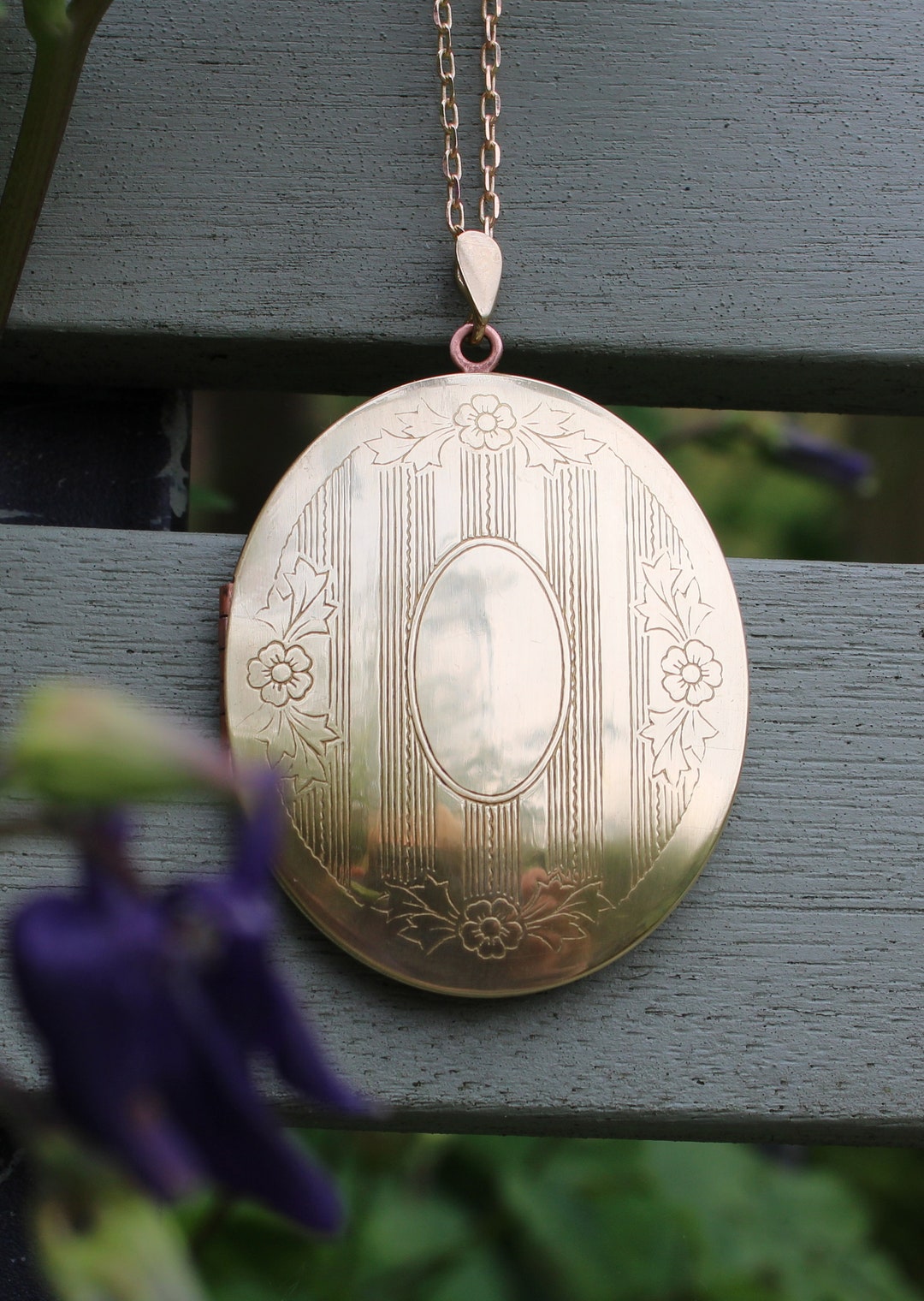 Extra Large Etched Oval Vintage Brass Locket on a Matching Fine Link ...