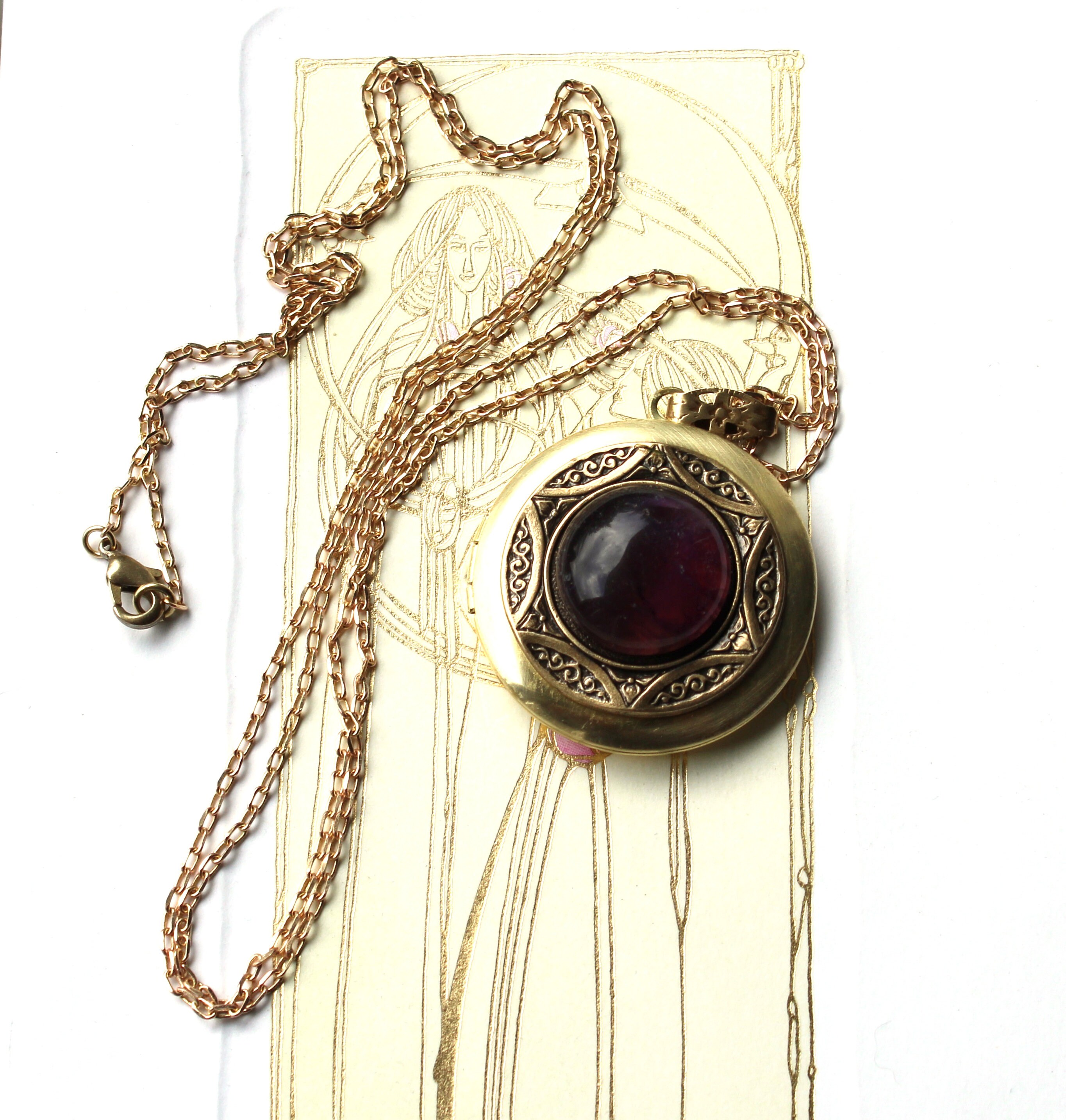 Art Nouveau Inspired Locket With an Amethyst Cabochon on a Matching ...