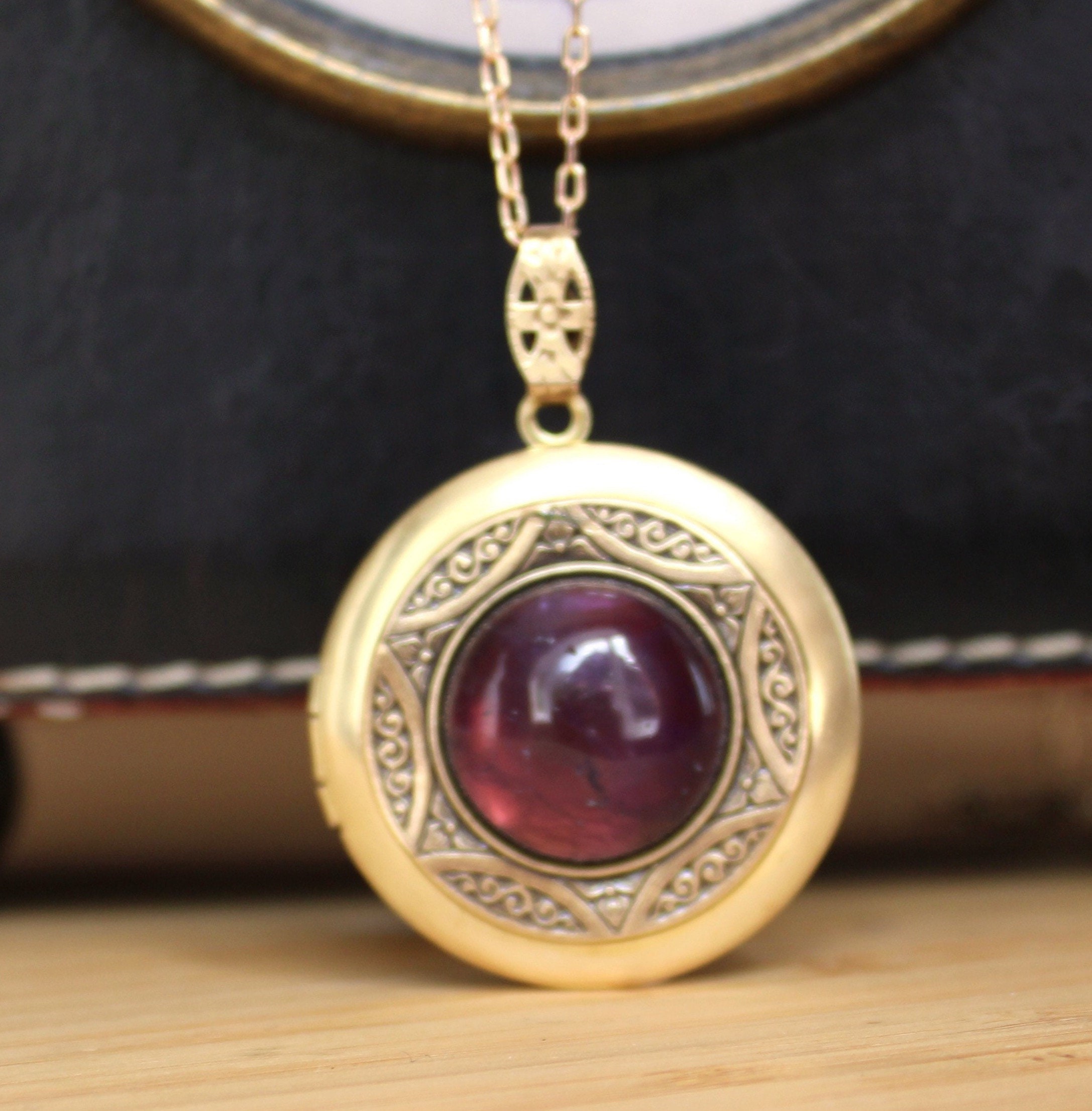 Art Nouveau Inspired Locket With an Amethyst Cabochon on a Matching ...