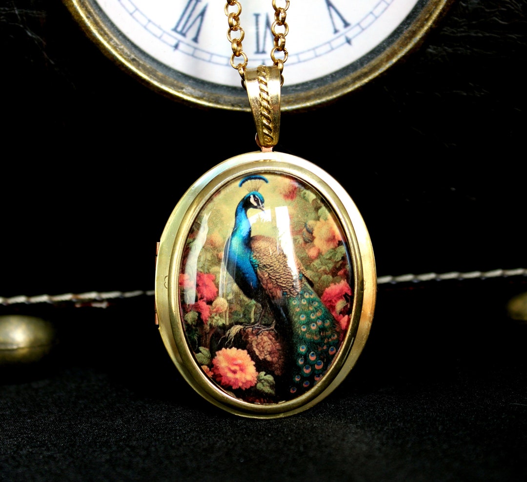 Large Oval Polished Brass Locket With an Art Nouveau Peacock Design ...