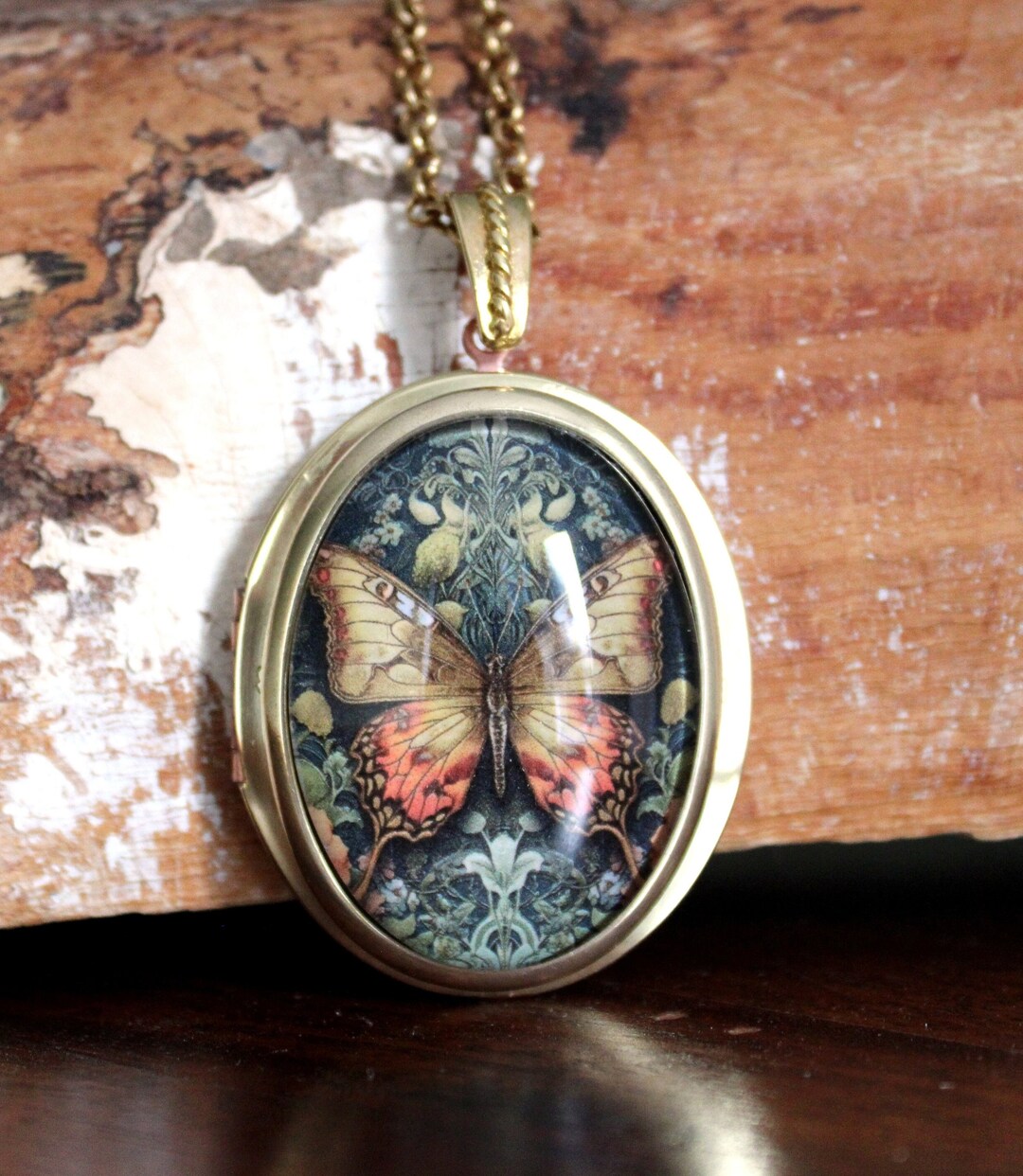 Large Oval Polished Brass Locket With an Art Nouveau Butterfly Design ...