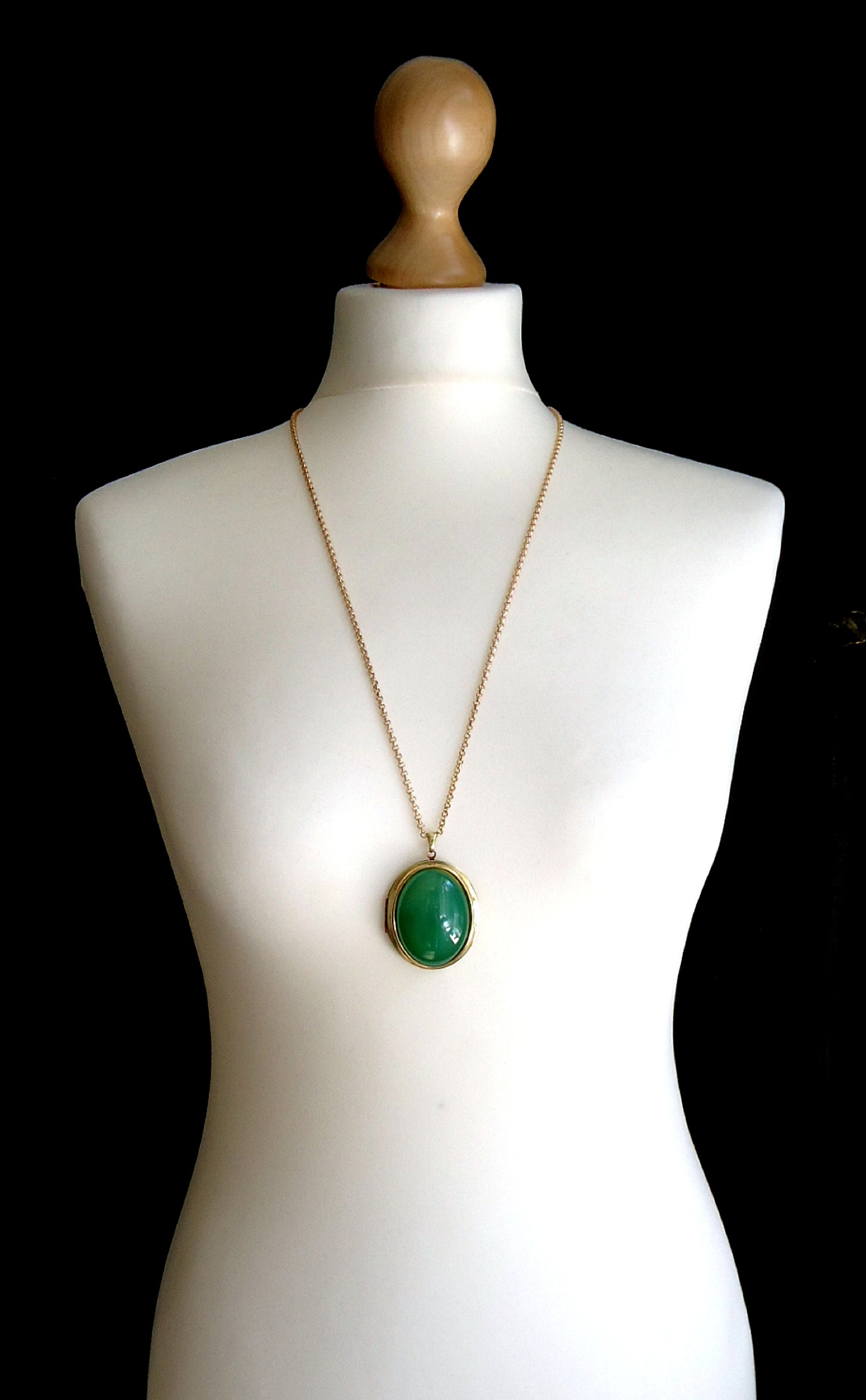 Large Vintage Style Oval Brass Locket With a Green Agate Stone Cabochon ...