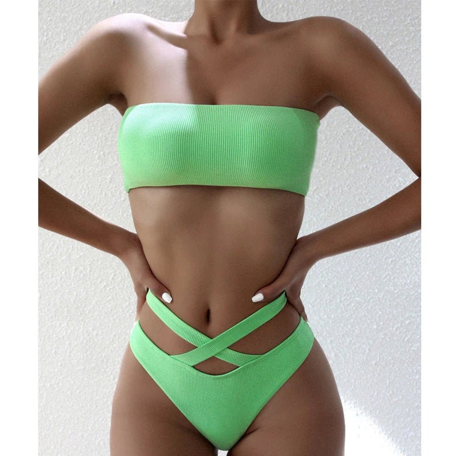Green Ribbed Bikini Set Bandeau Swimsuit Women Green 2 Pieces Etsy