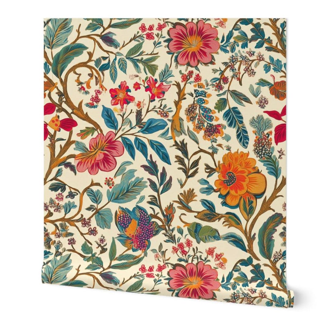 Palampore Inspired 3D Faux Embroidery Flowers Wallpaper Removable Peel ...