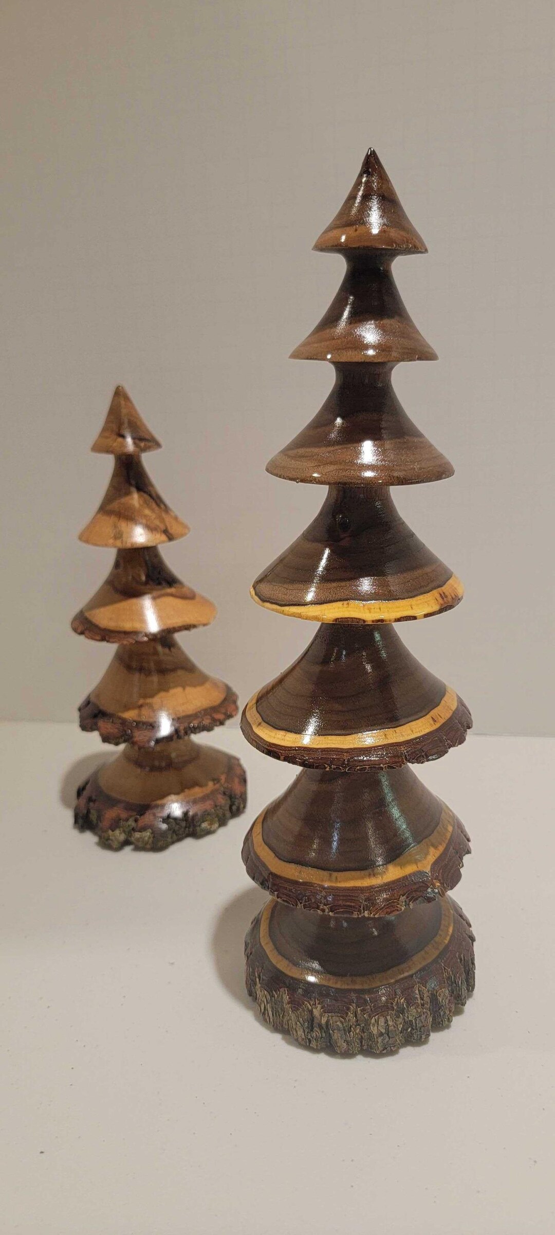 ET-98: Pair of Rustic Turned Christmas Trees, One Oak and One Walnut ...