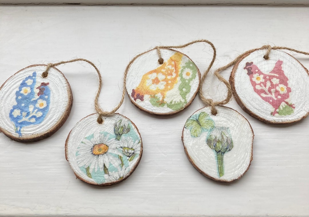 Chicken and Flower Bunting, Wood Slice, Rustic Wall Hanging ...