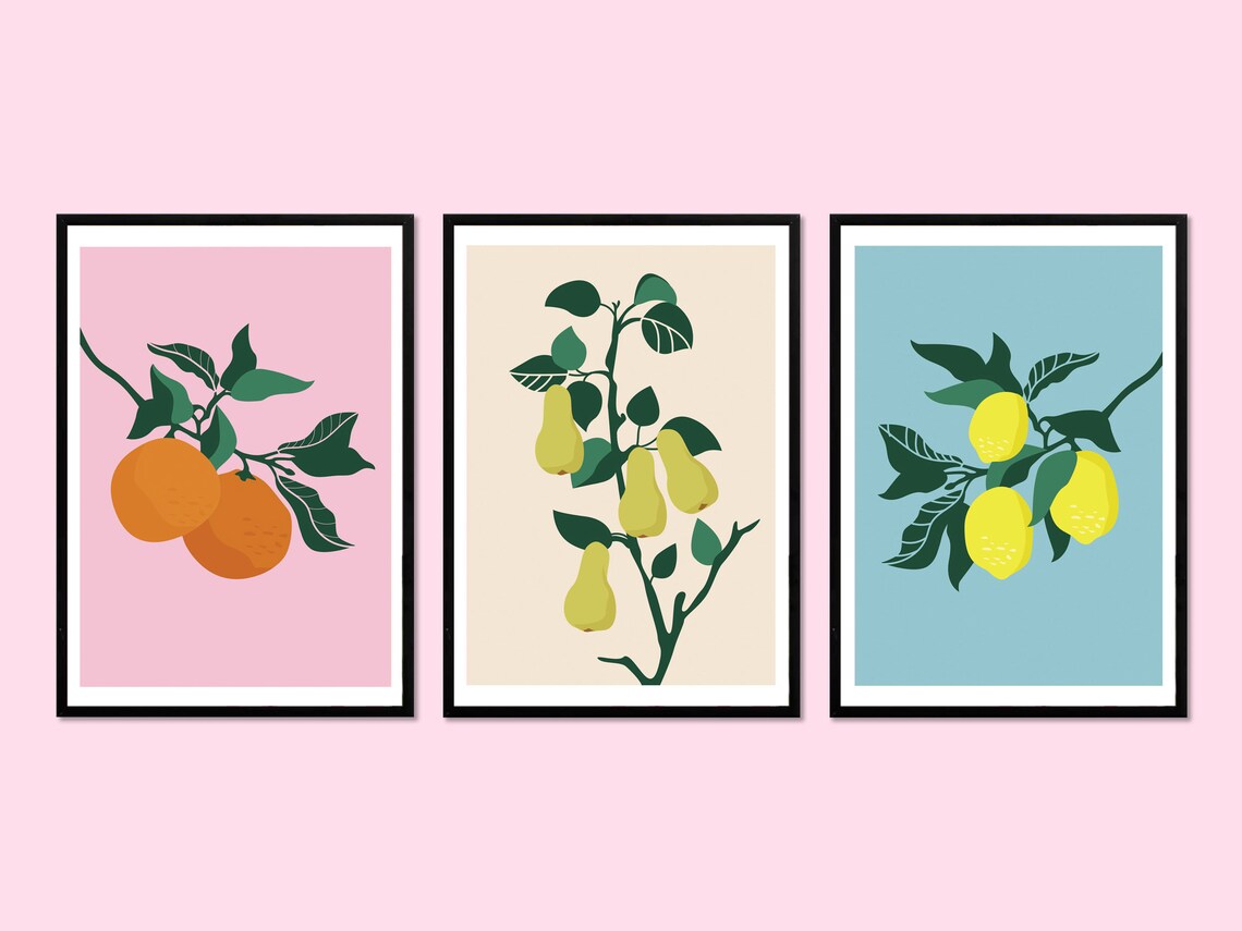 Set of 3 / Fruit Prints / Digital Download / Bright Wall Art / Kitchen ...
