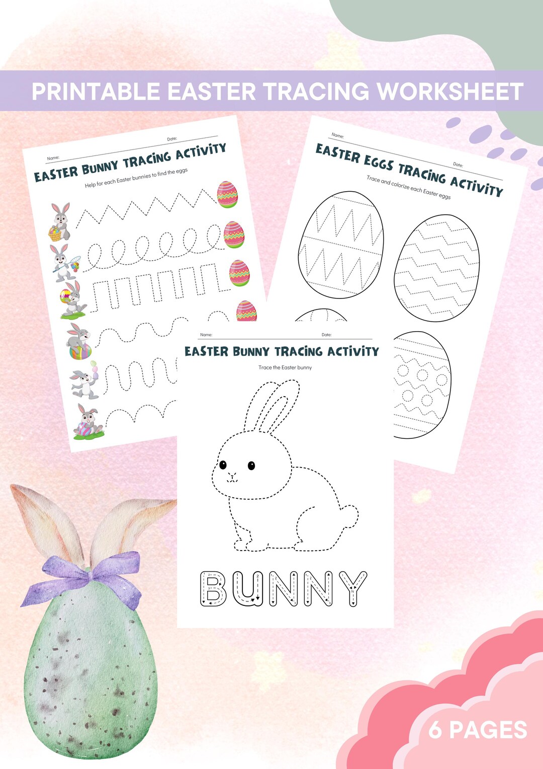 Printable Easter Egg Bunny Tracing Line Worksheet, Tracing Activity for ...