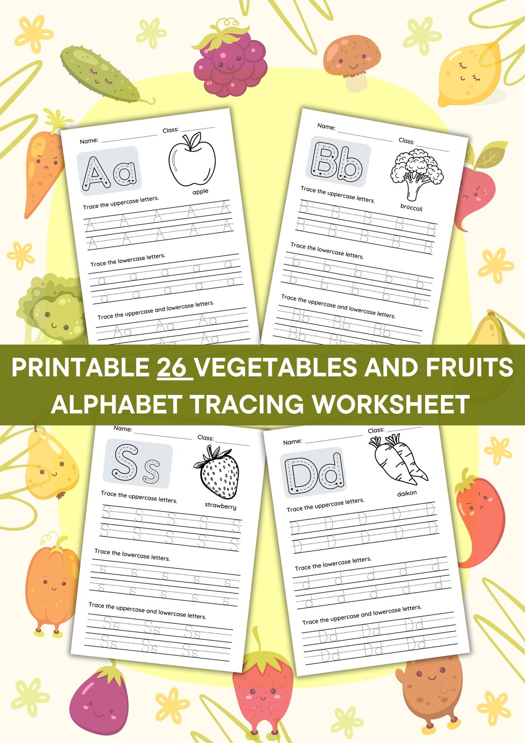 Printable Vegetables Fruits Alphabet Tracing, Coloring Worksheet for ...