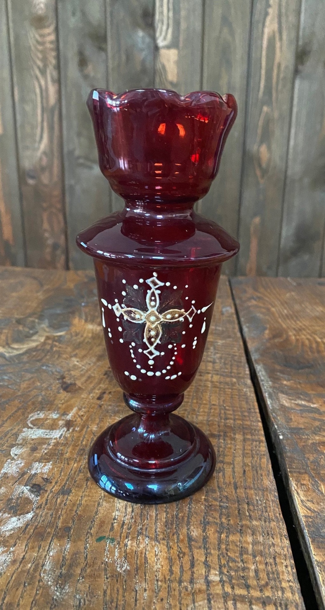 Antique Ruby Red Vase With Enamel Design - Etsy
