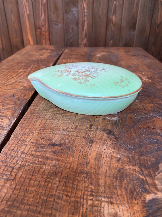 Mint Green & Gold Pottery Trinket / Vanity Dish w/Lid - Gem