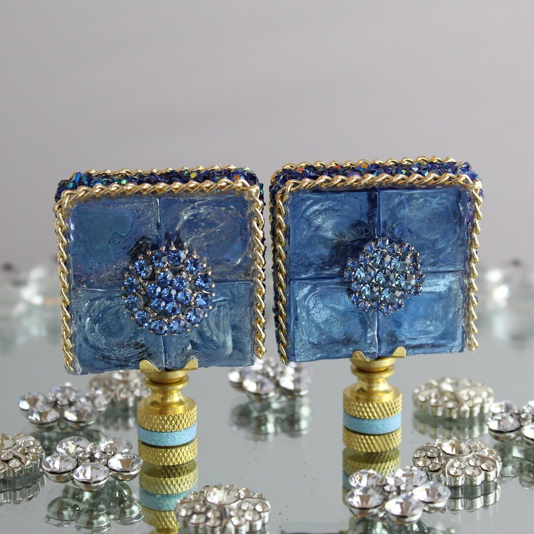 Handmade Blue Mosaic W/gems and Trim Finial Set - Artisan Finials ...