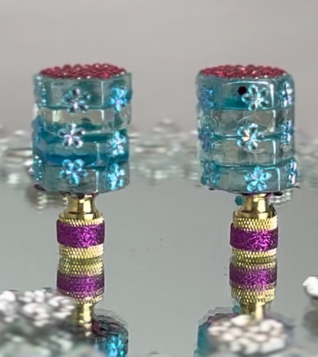 Handmade Teal W/blue Flowers Finial Set Artisan Finials Lamp ...