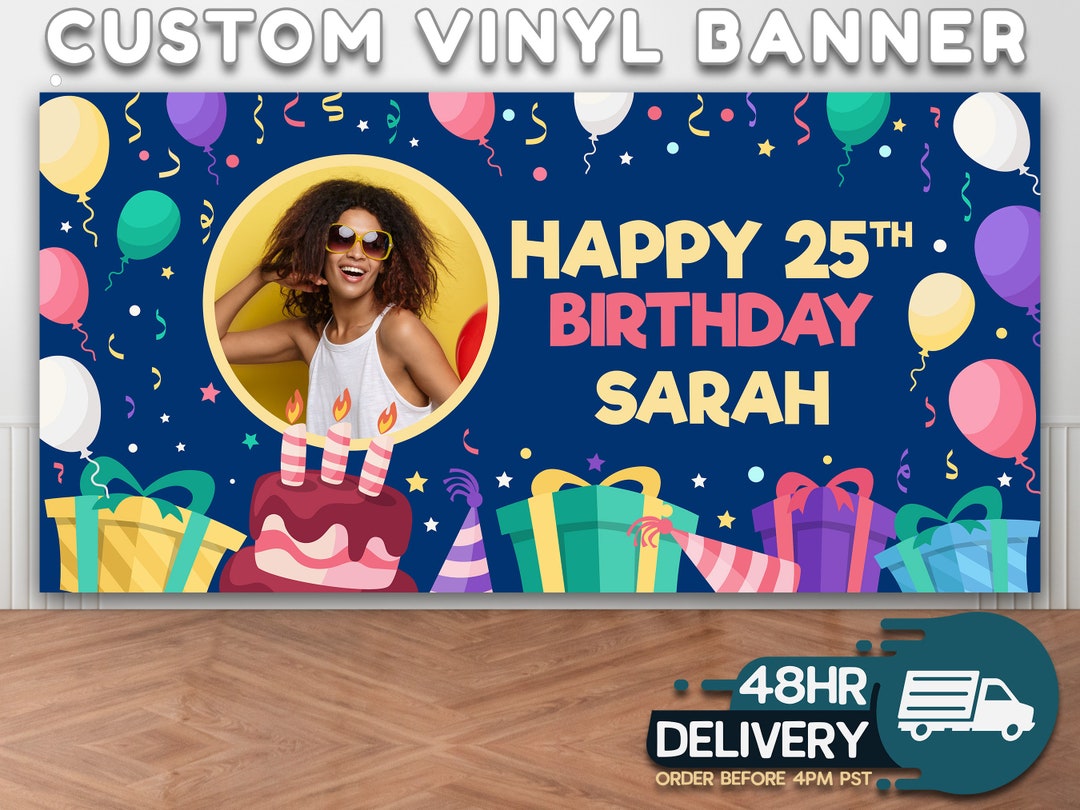 Happy Birthday Custom Vinyl Banner With Photo, Your Age & Name ...