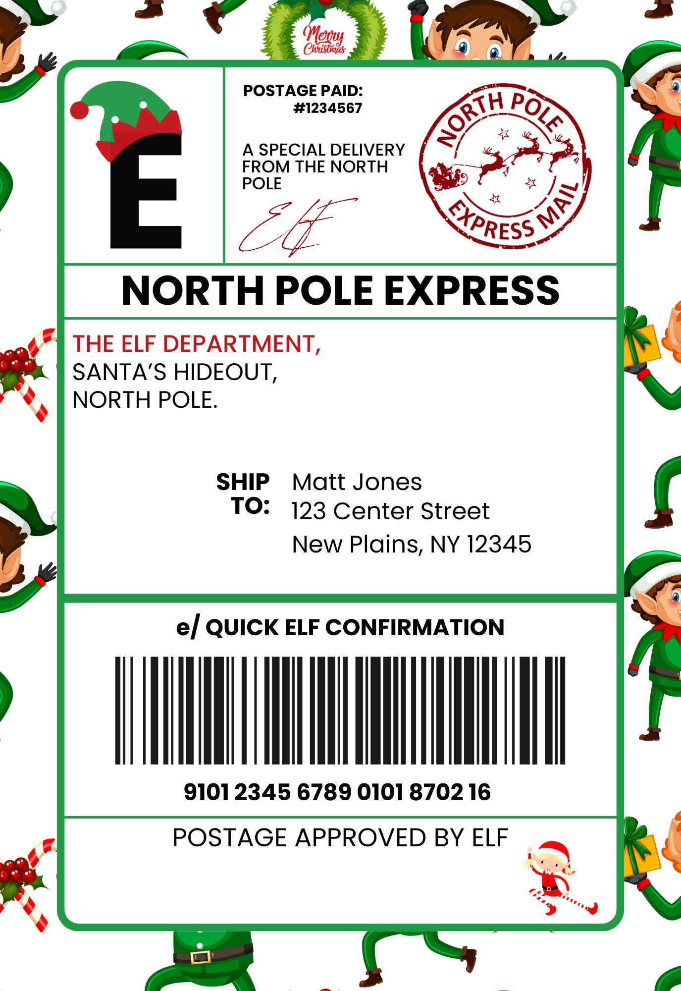 Editable Custom Elf Shipping Postage Label Canva Template Printable ...