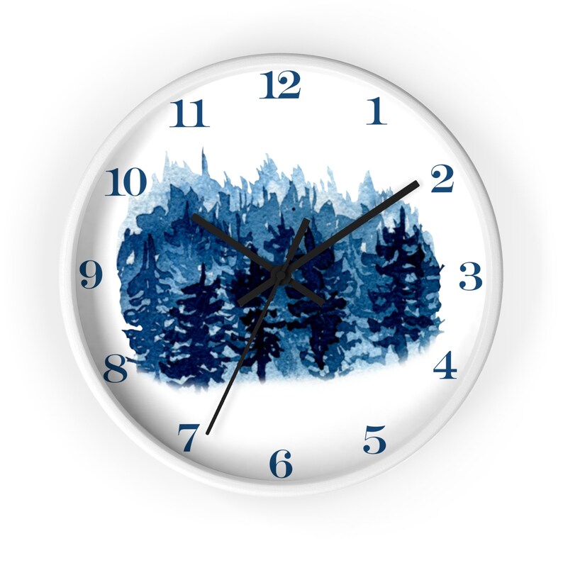 Watercolor Pine Trees Wall Clock With Numbers, Western Goth, Indigo ...