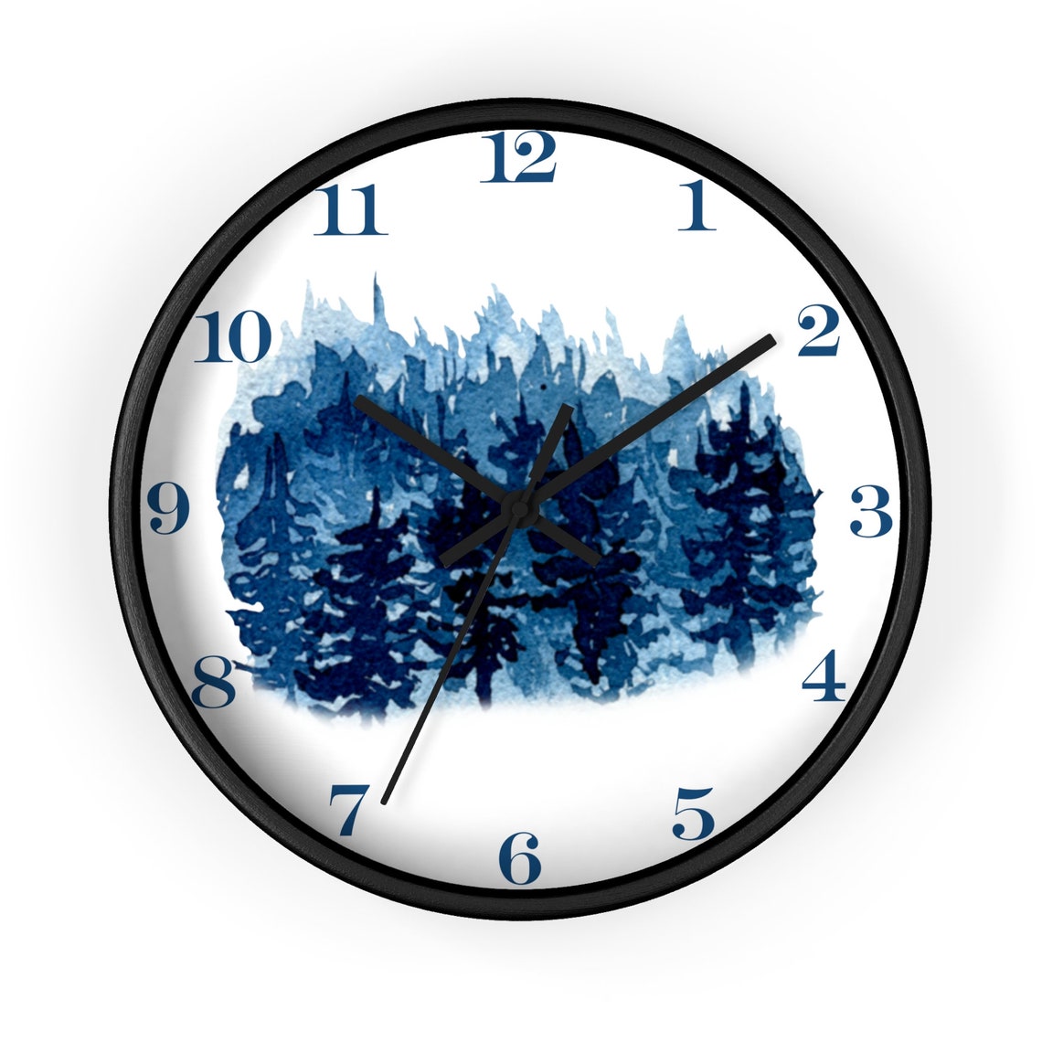 Watercolor Pine Trees Wall Clock With Numbers, Western Goth, Indigo ...