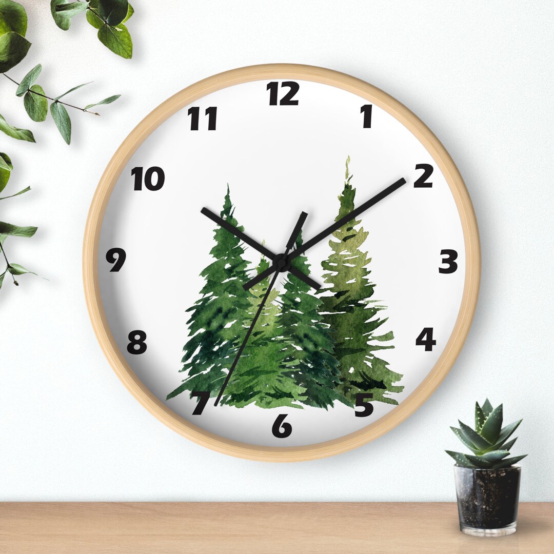 Watercolor Pine Trees Wall Clock With Numbers, Foggy Forest Clock ...