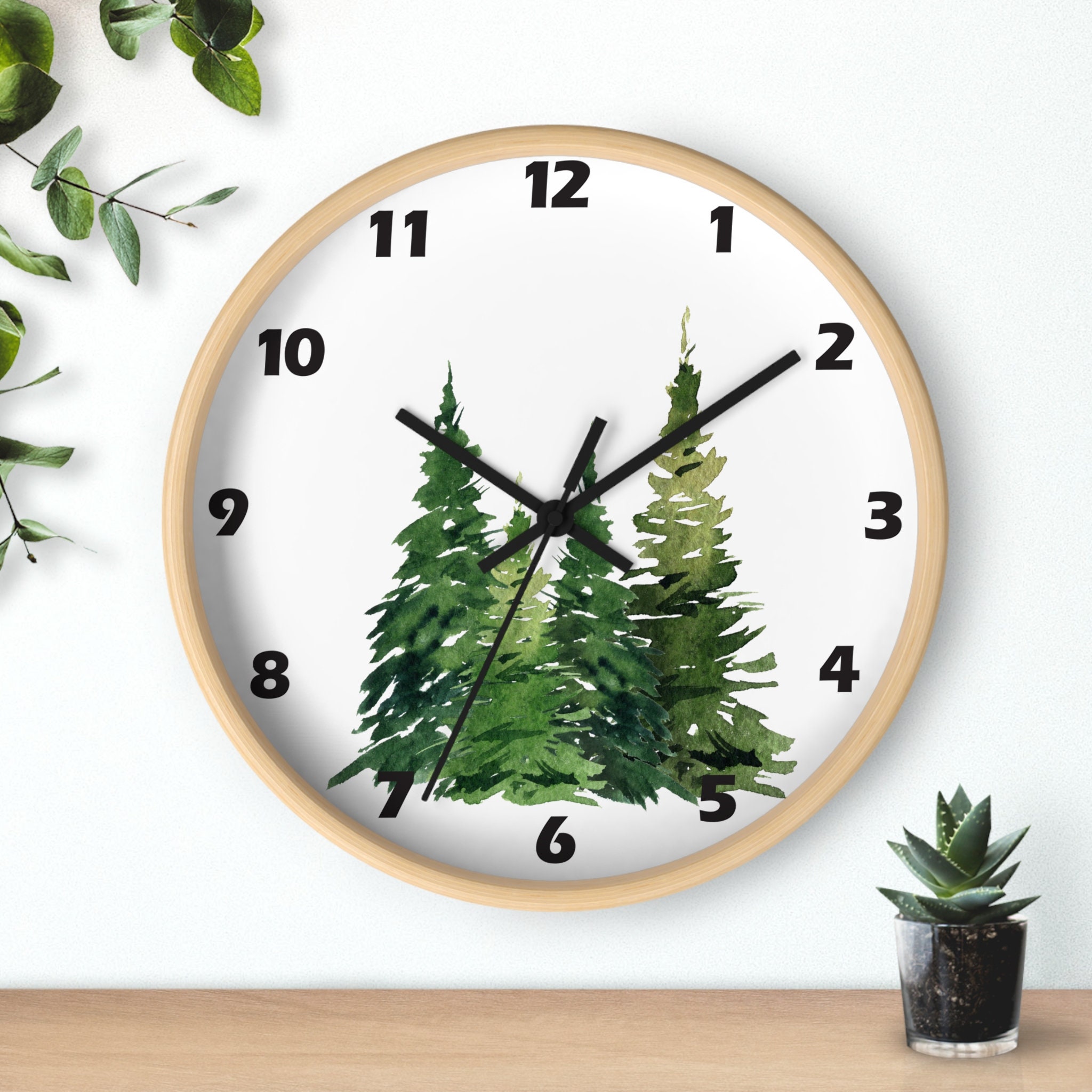 Watercolor Pine Trees Wall Clock With Numbers, Foggy Forest Clock ...