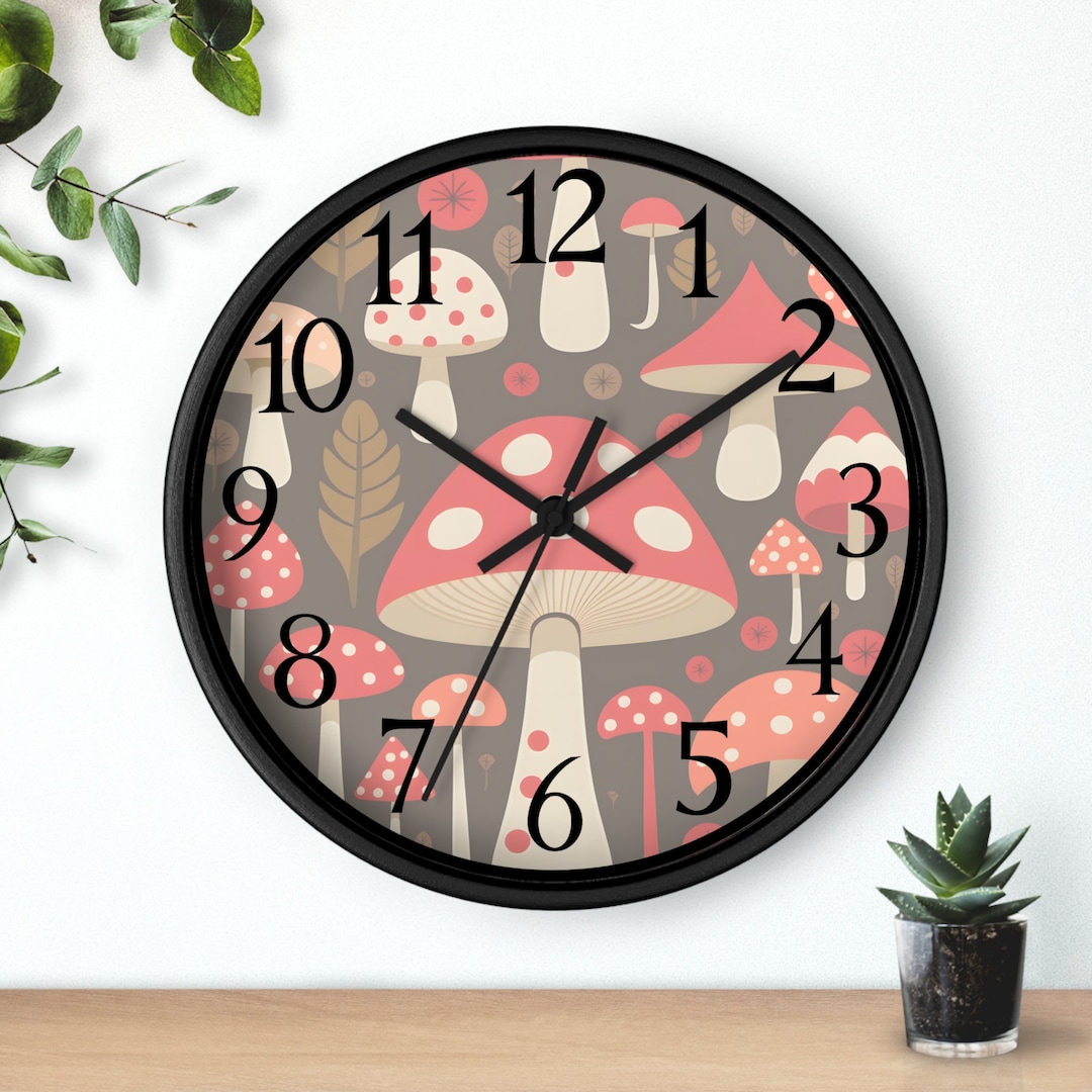 Red Mushroom Analog Wall Clock, Black Wood Frame, Battery Operated With ...