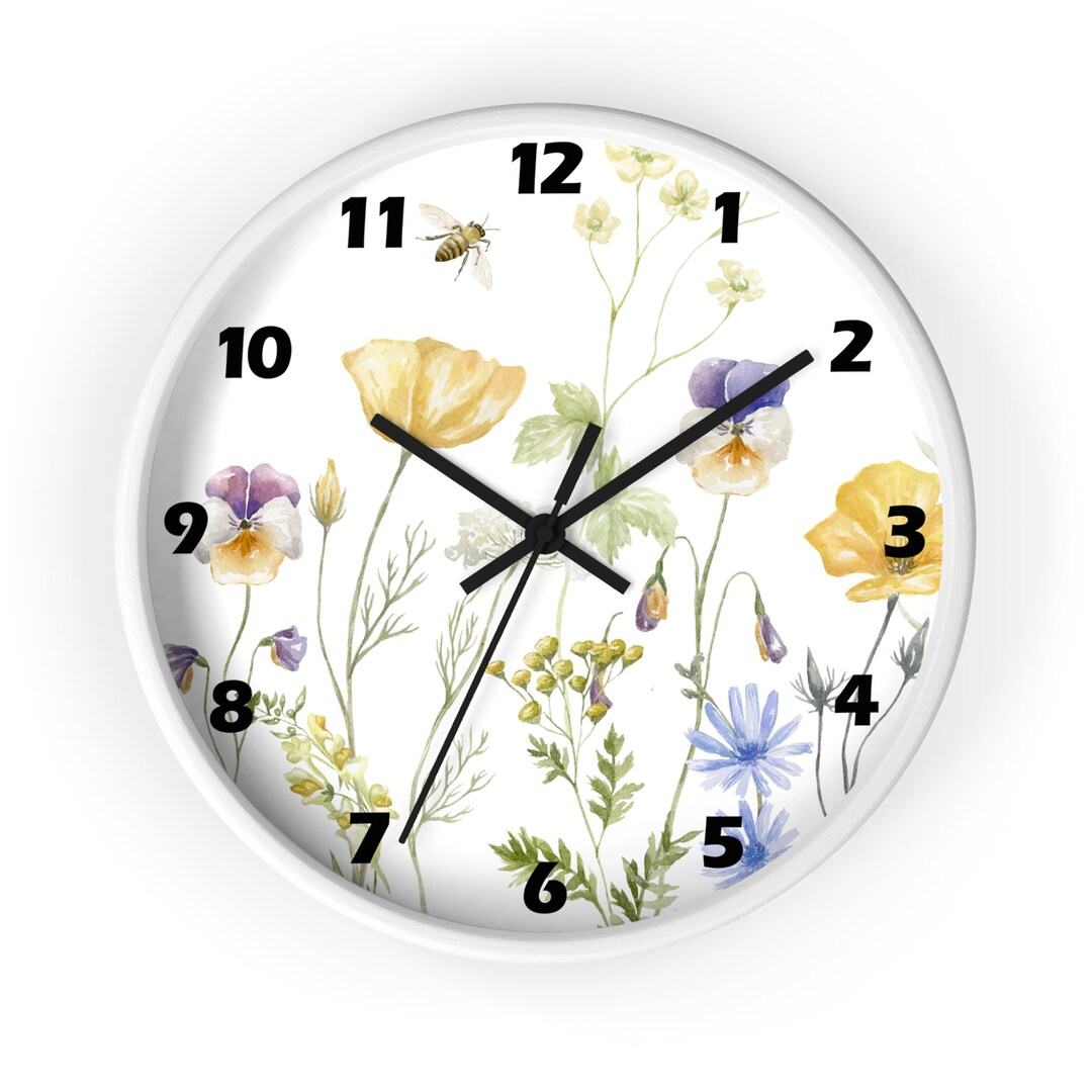 Wild Flower House Clock Floral Wall Art Glass 10 Clock Watercolor ...