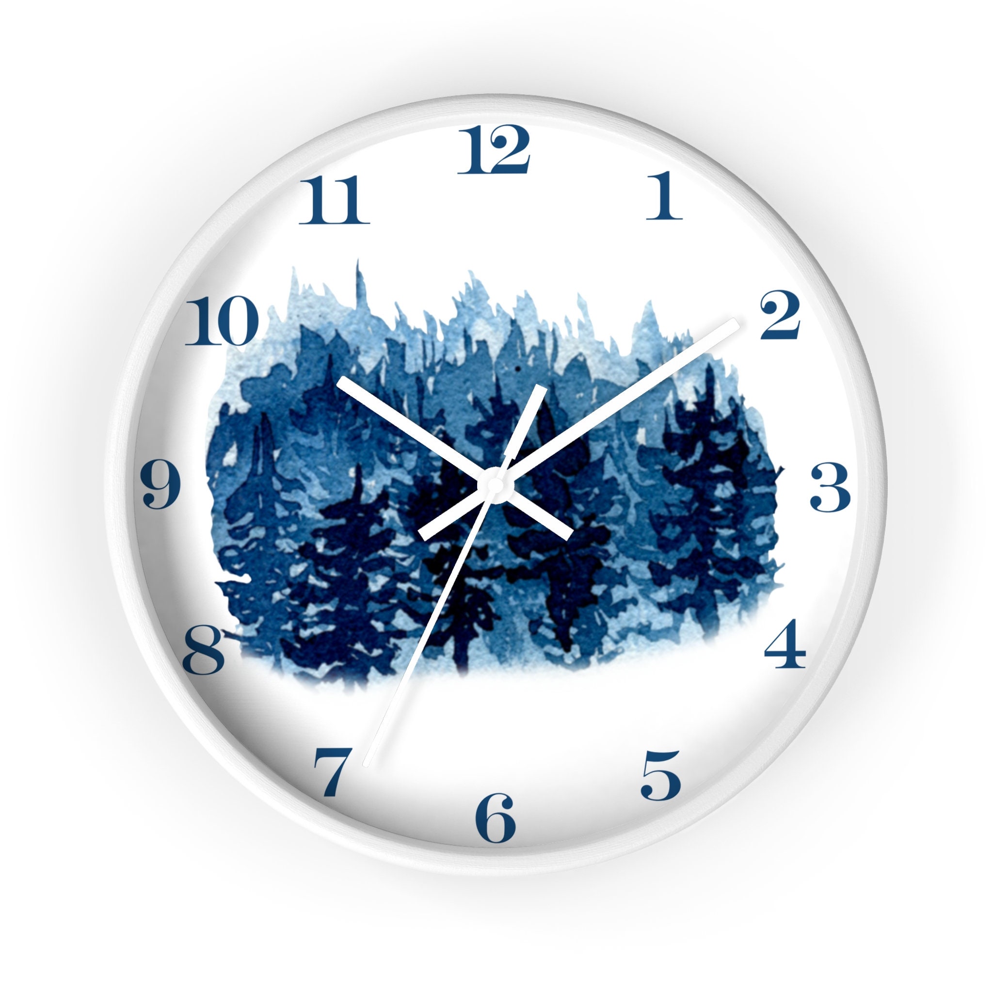Watercolor Pine Trees Wall Clock With Numbers, Western Goth, Indigo ...