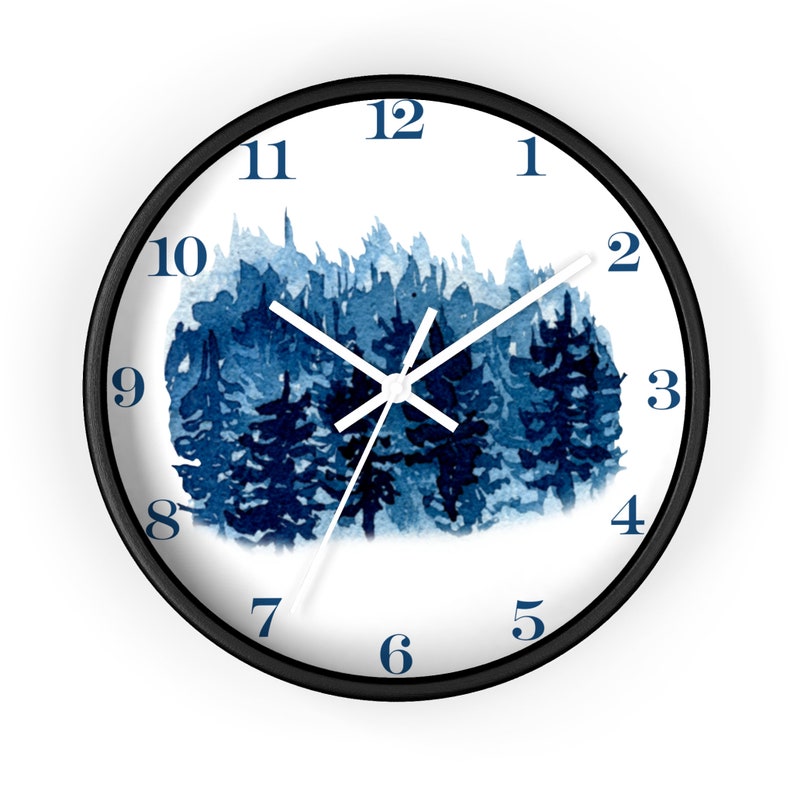 Watercolor Pine Trees Wall Clock With Numbers, Western Goth, Indigo ...