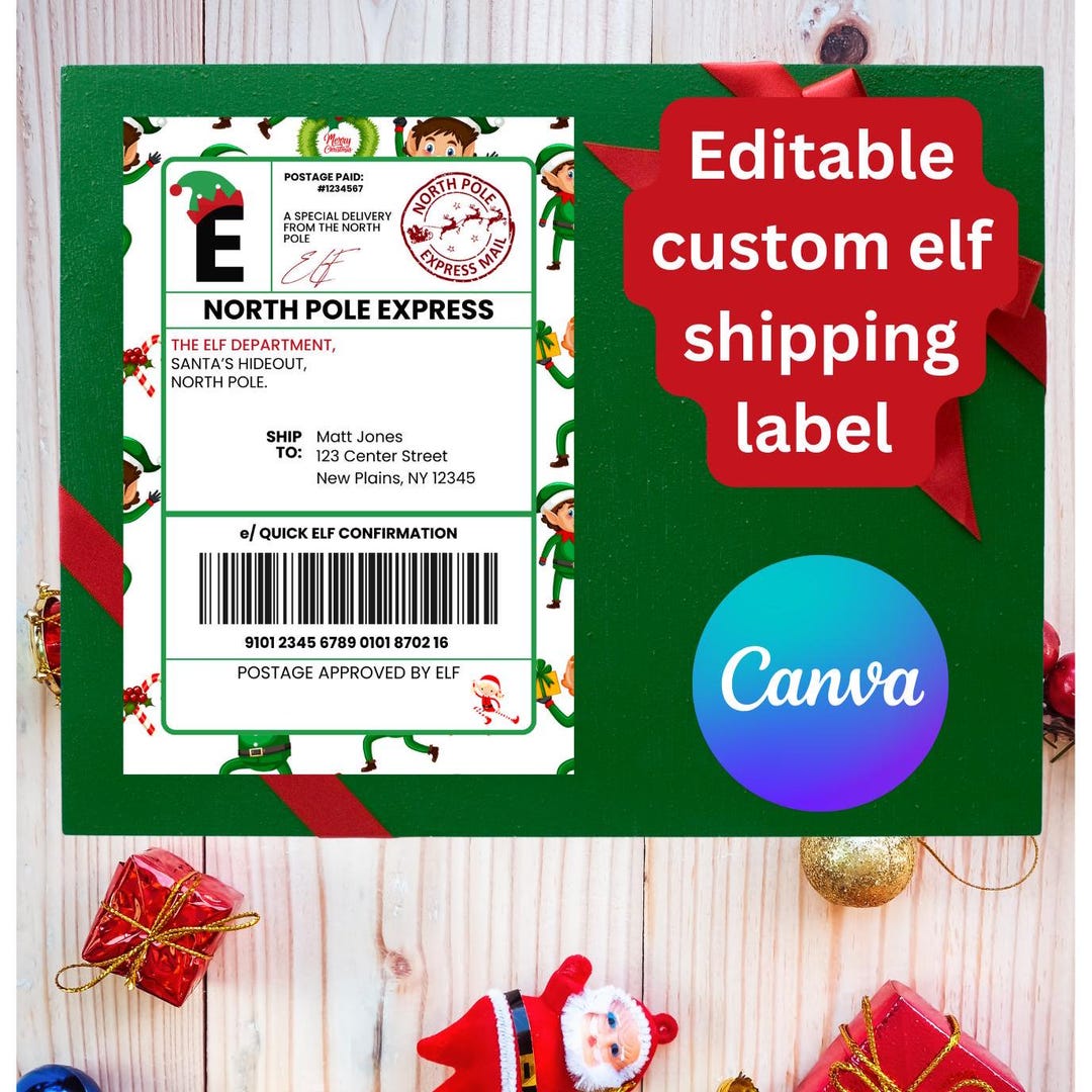 Editable Custom Elf Shipping Postage Label Canva Template Printable ...