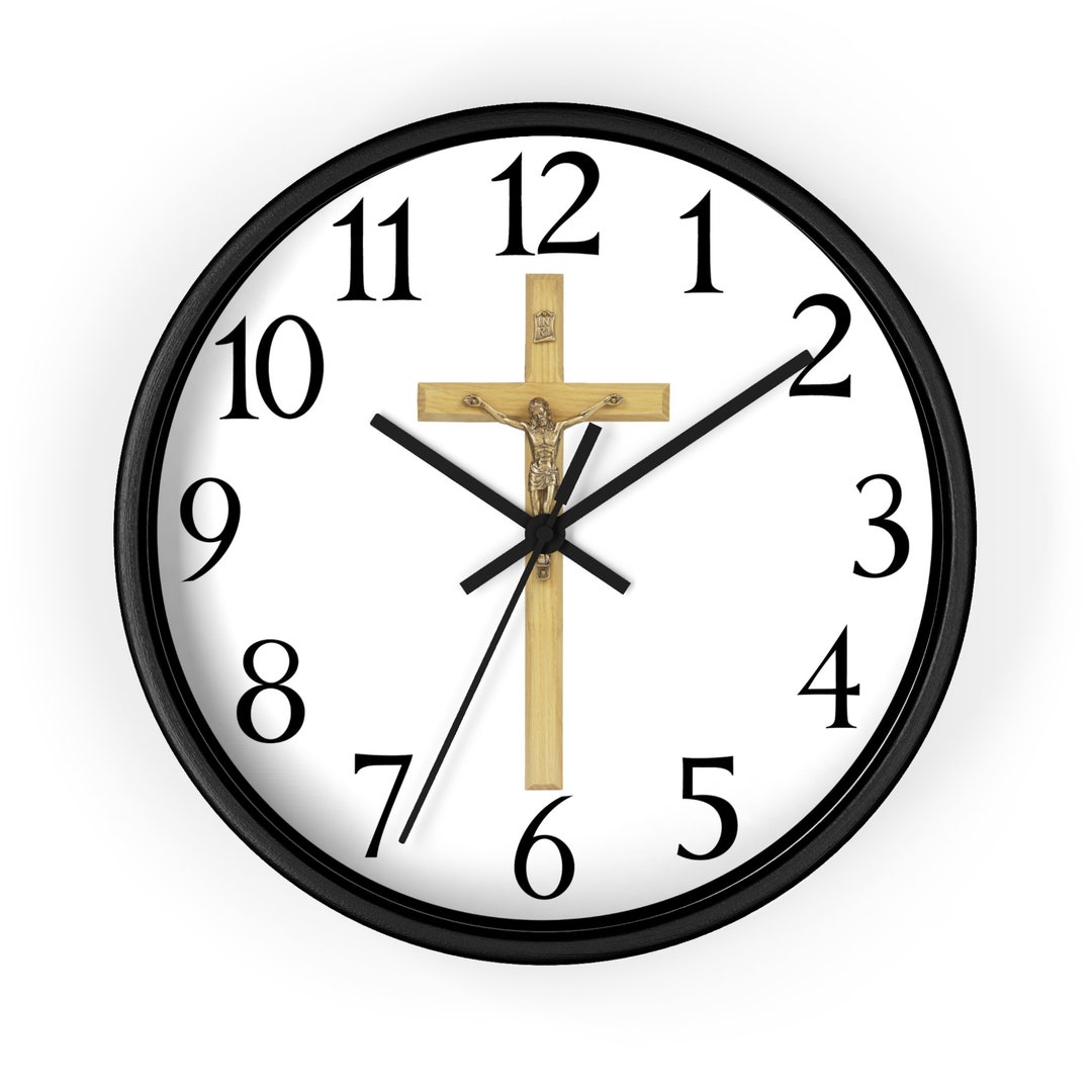 Christian Cross Analog Wall Clock Black Wood Frame Battery Operated ...