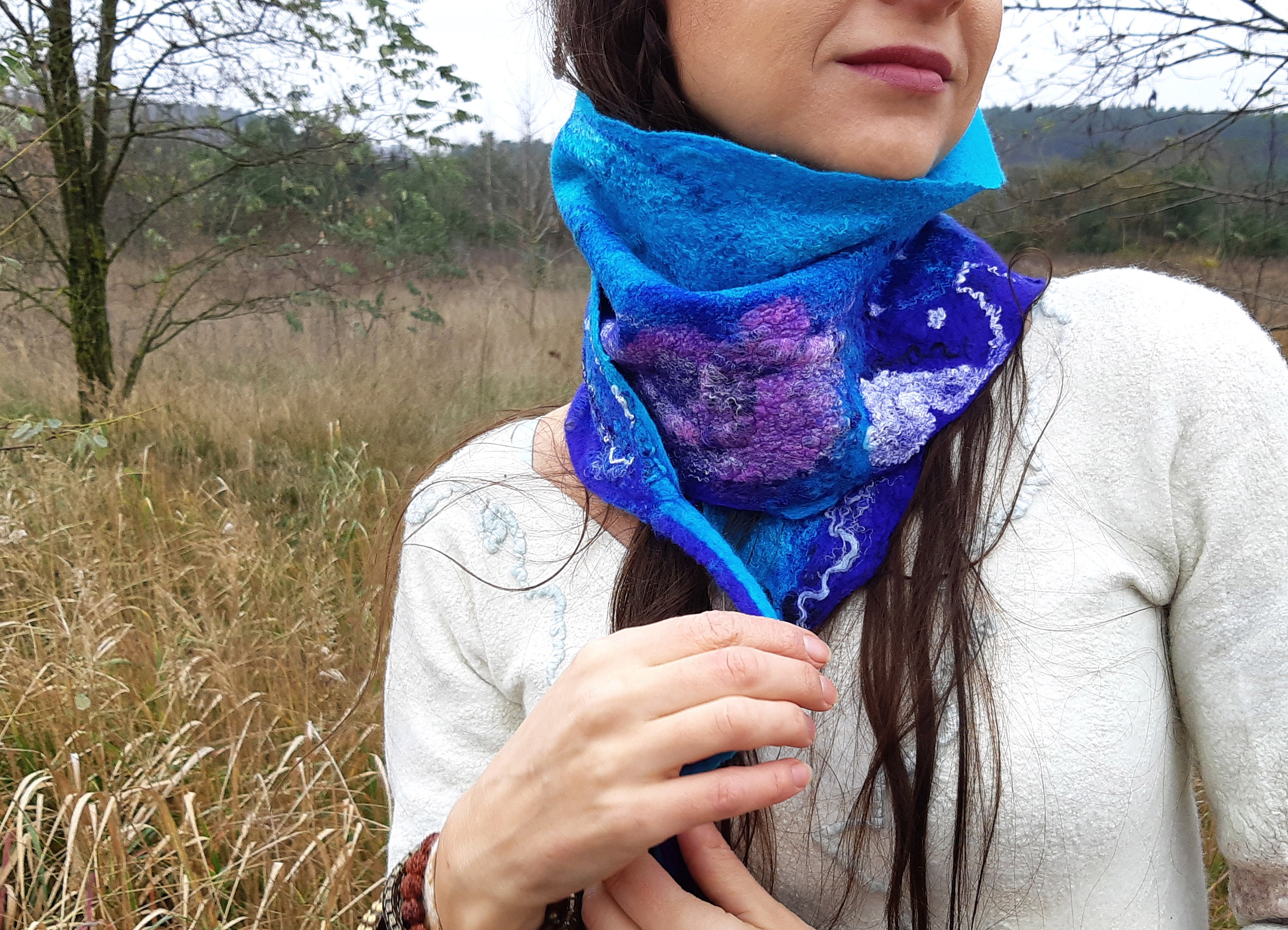 Pure Wool and Silk Headband Felted Ocean Blue Scarf - Etsy