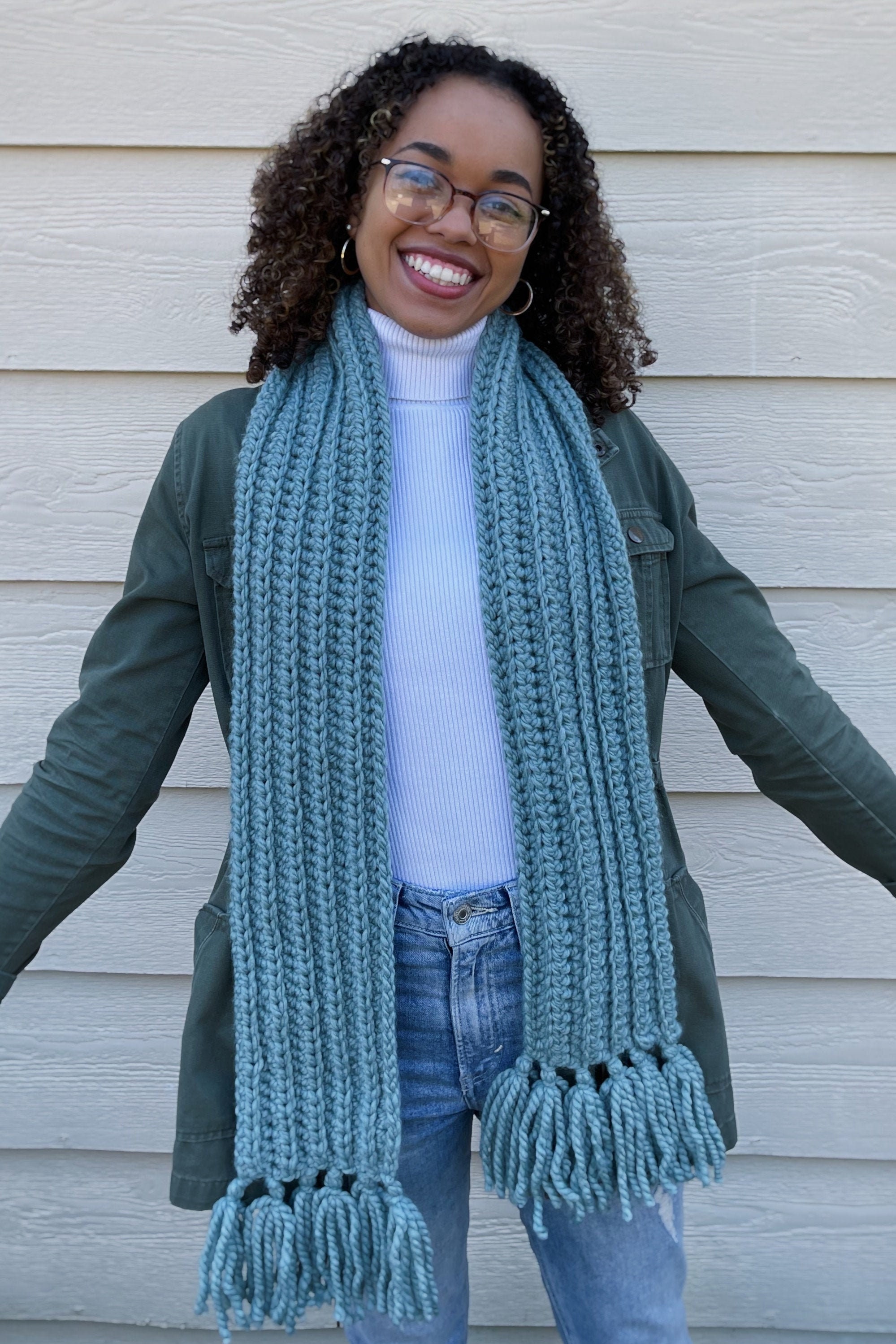 Crochet Scarf (sage Green) With Tassels, Medium-length Scarf - Etsy